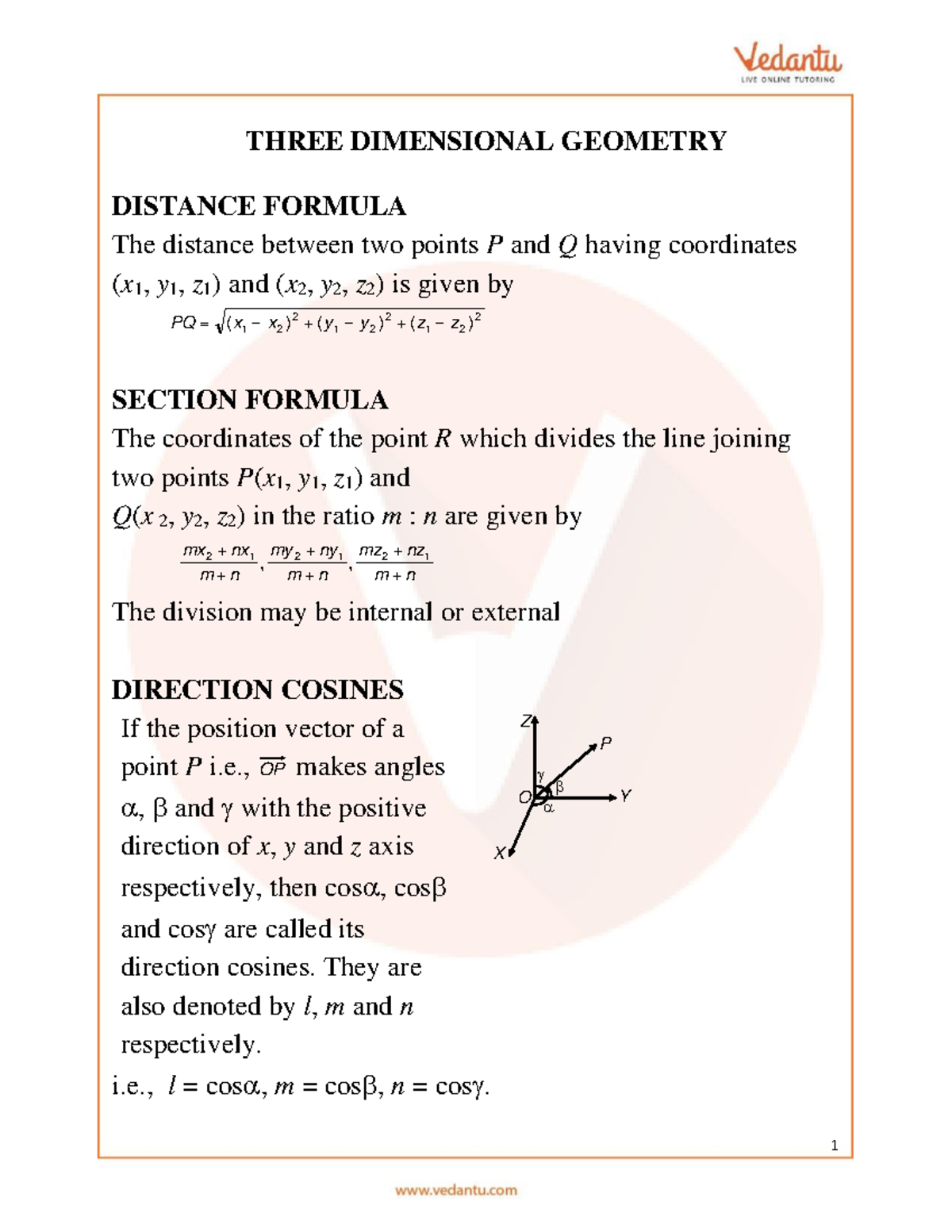 Jee Main 2023 Revision Notes On Three Dimensional Geometry Free Pdf