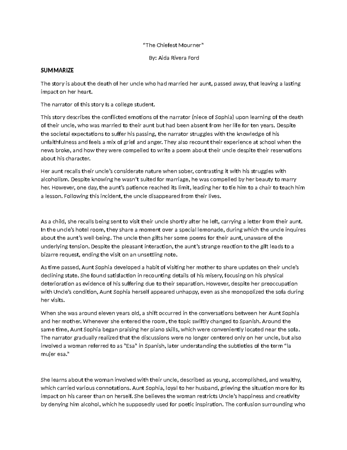 Summary OF THE Story - “The Chiefest Mourner” By: Aida Rivera Ford ...