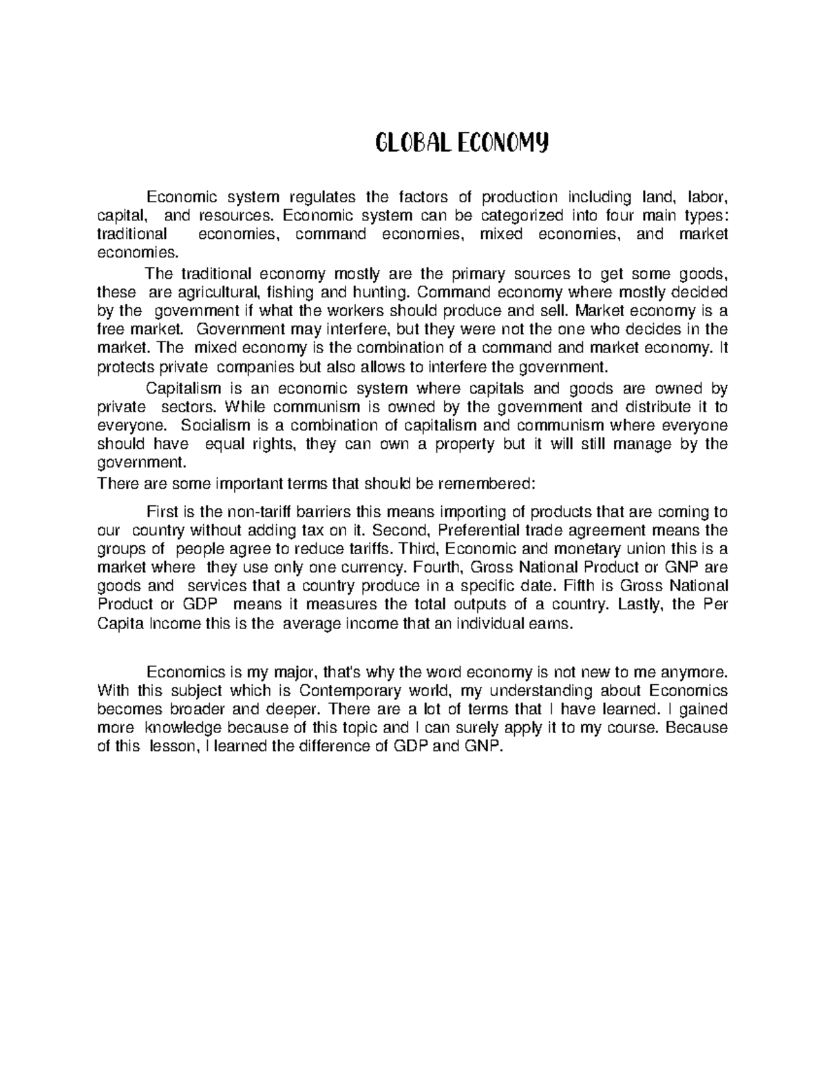 Global Economy - Contemporary World - DHVSU - Studocu