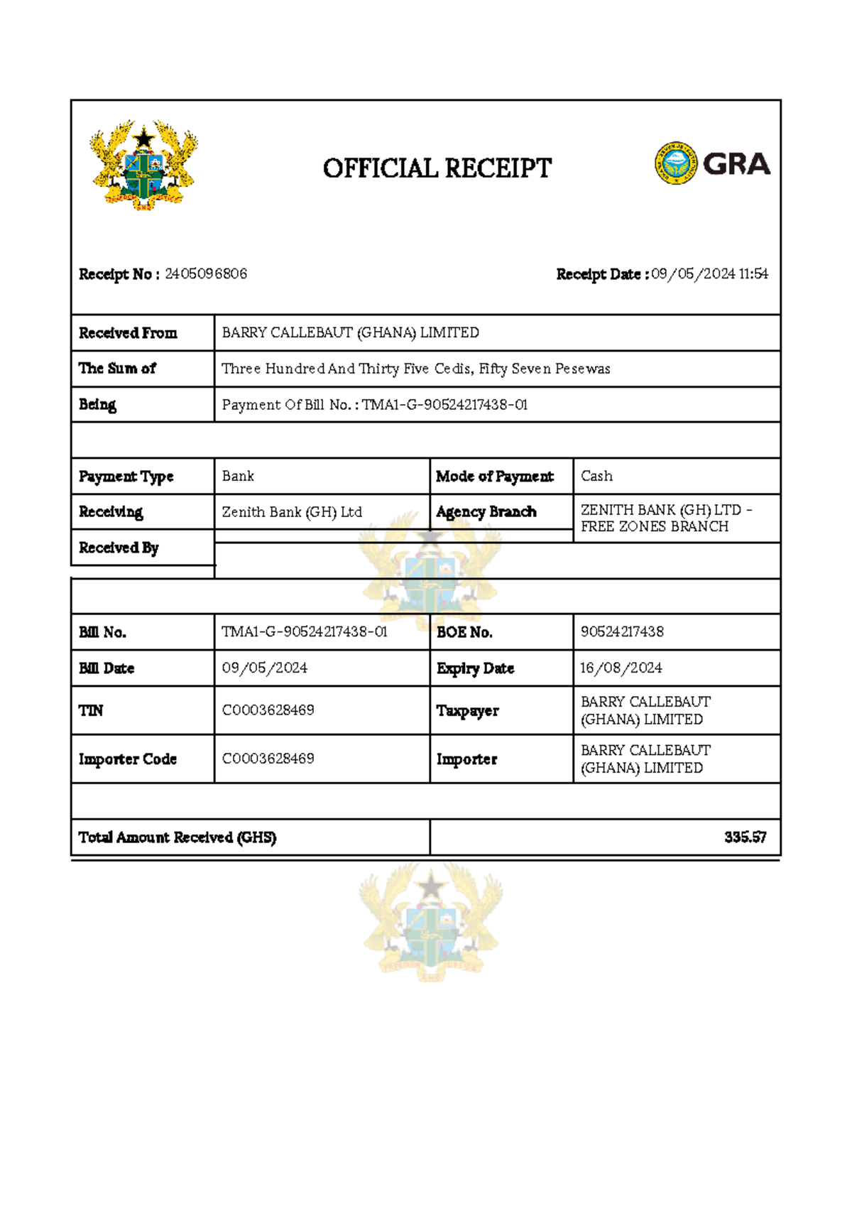 Receipt TMA1-G-90524217438-01 - OFFICIAL RECEIPT Receipt No ...