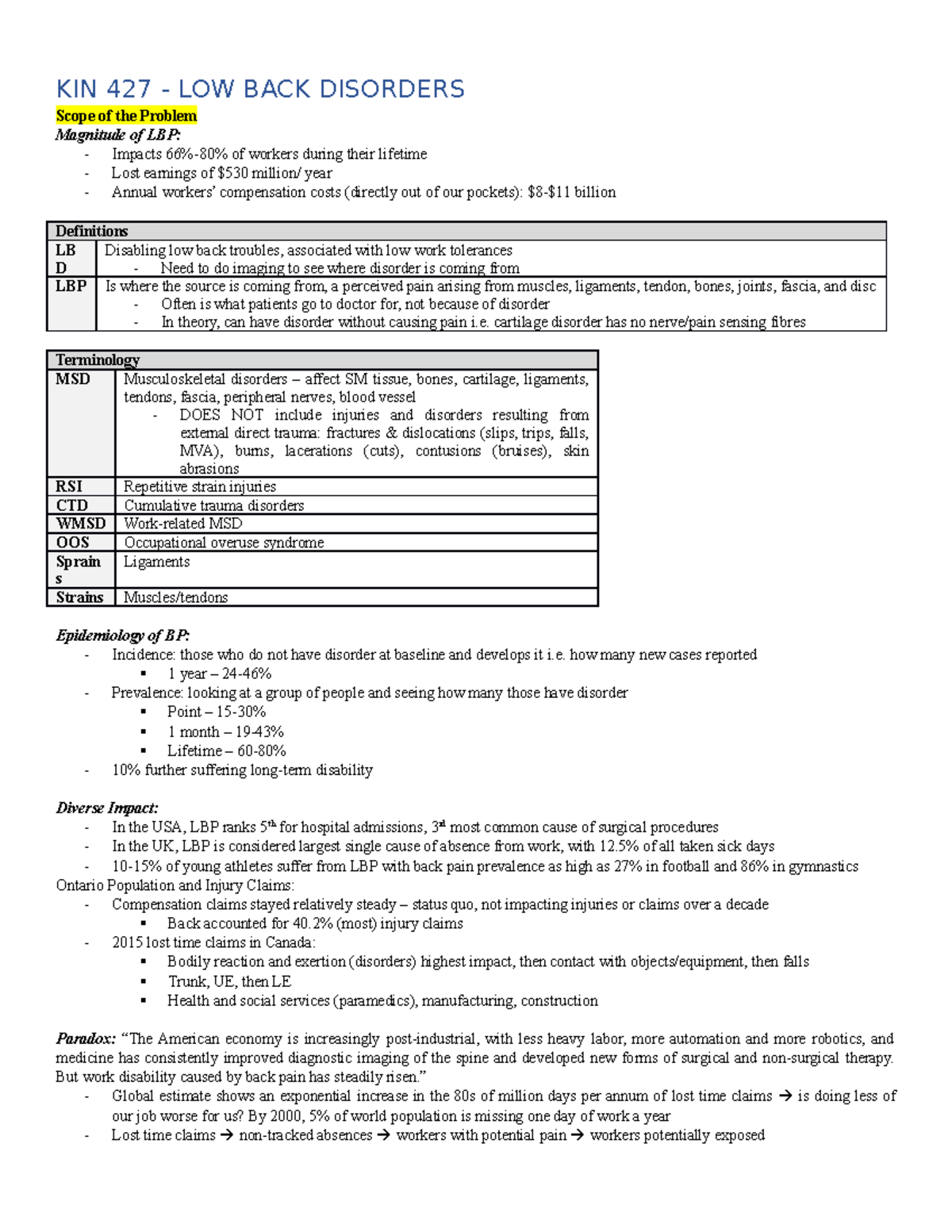 KIN 427 Low Back Disorders - Studocu