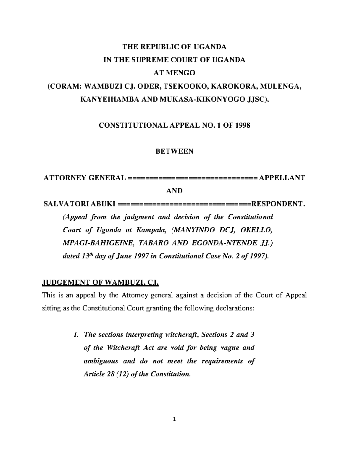 Attorney General V Salvatori Abuki Constitutional Appeal No - THE ...
