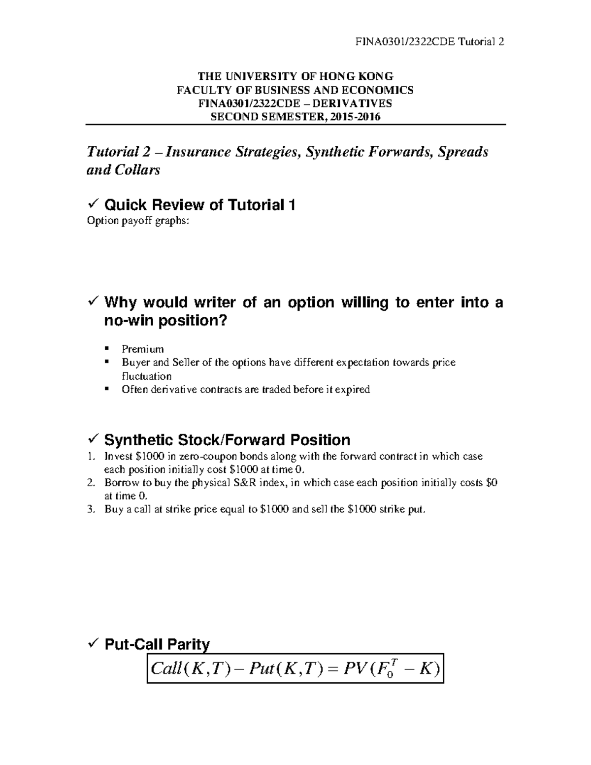 FINA0301 2322 Tutorial 2 - THE UNIVERSITY OF HONG KONG FACULTY OF ...