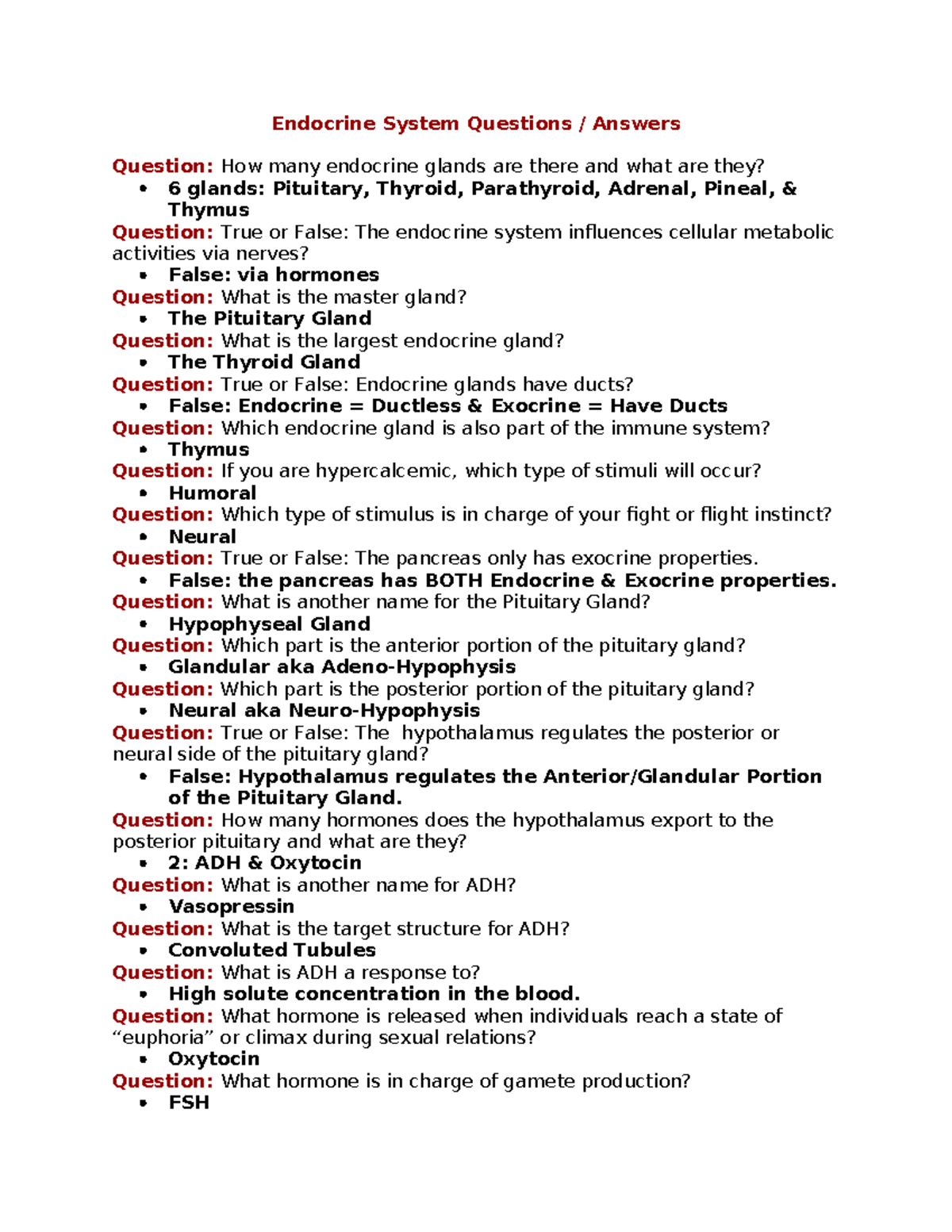 Physiology Endocrine System Exam 3 Questions - Endocrine System ...