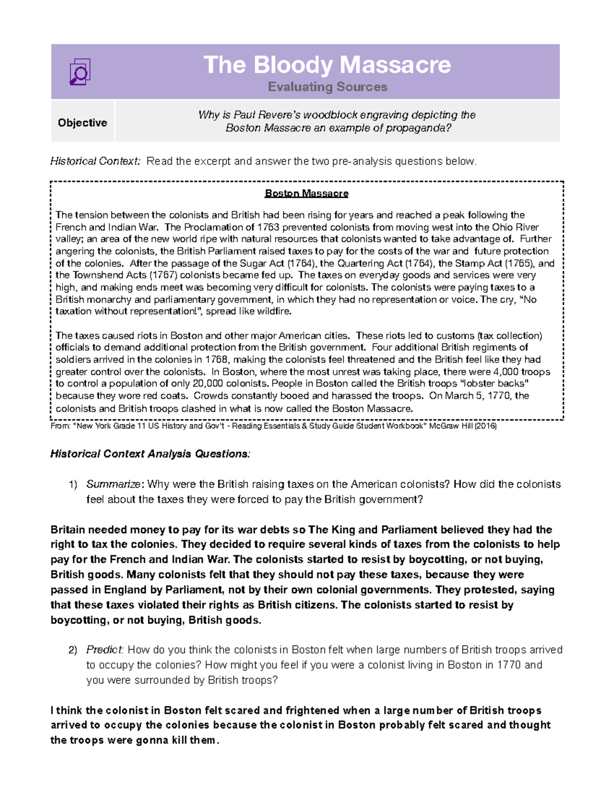 English) Evaluating Sources: The Bloody Massacre - The Bloody Massacre ...