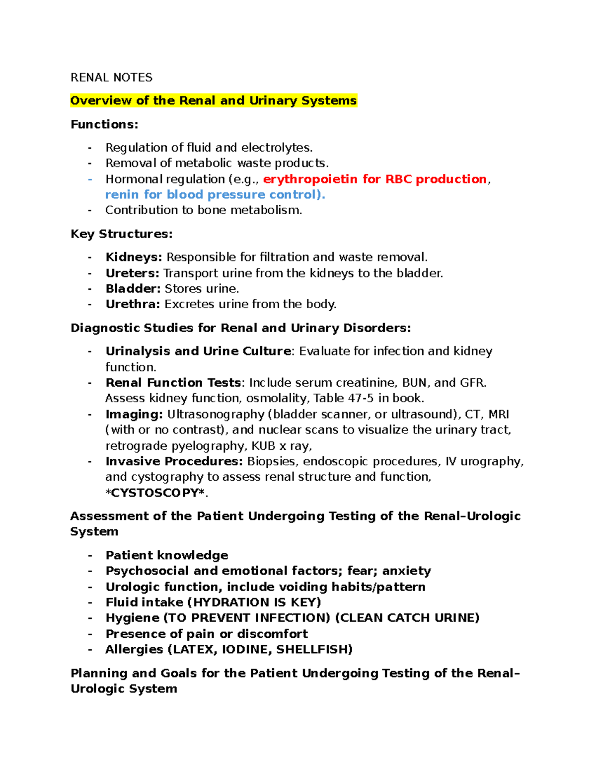 Renal Notes - RENAL NOTES Overview of the Renal and Urinary Systems ...