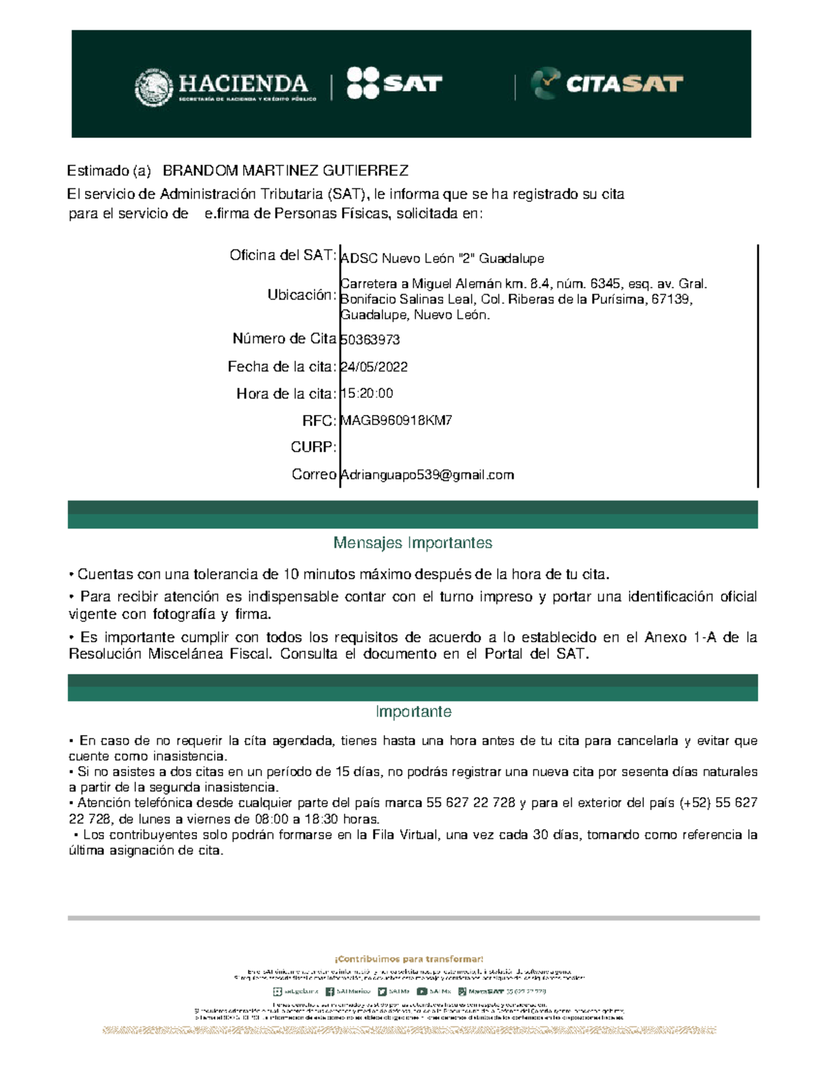 Acuse Cita - sdf - e de Personas Físicas, solicitada en: Estimado (a ...