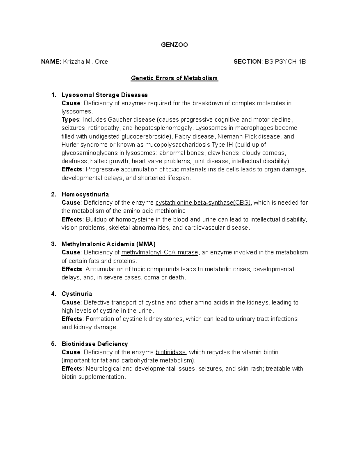 Genzoo - Genetic Errors of Metabolism - GENZOO NAME: Krizzha M. Orce ...