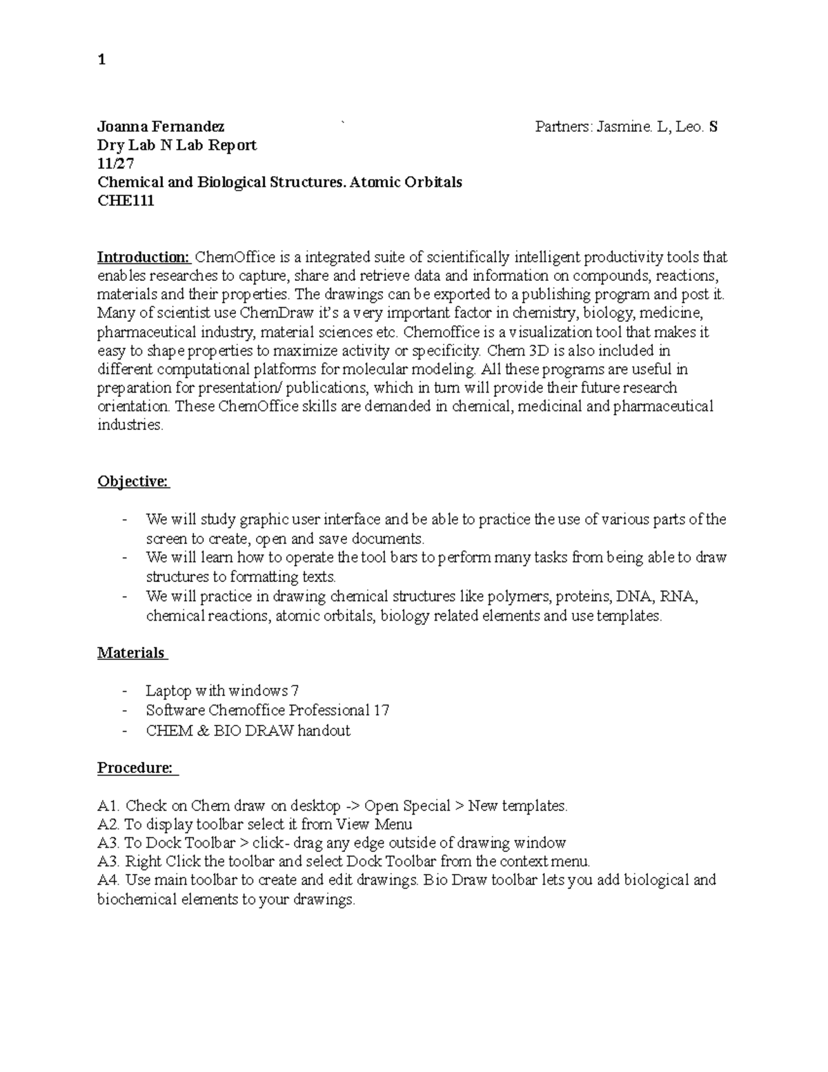 CHEM DRAW LAB Report - Joanna Fernandez ` Partners: Jasmine. L, Leo. S ...
