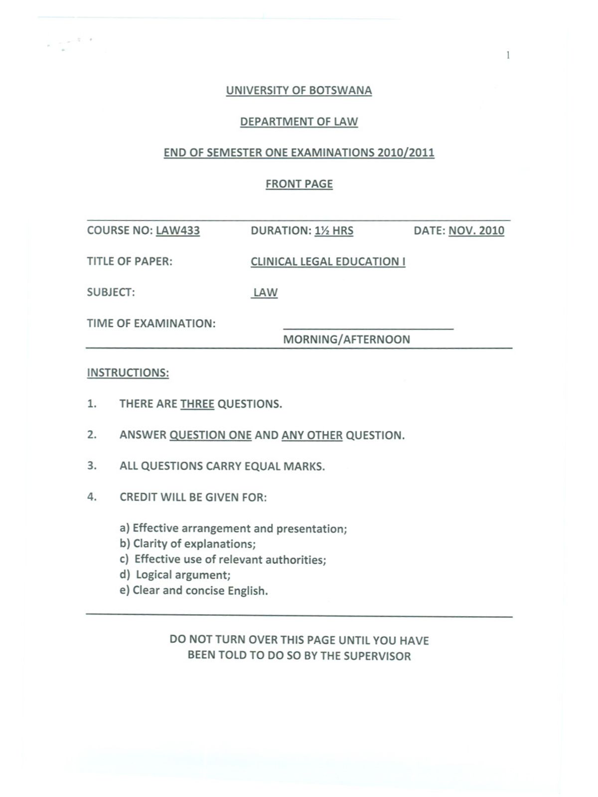 LAW433-2010 - exam paper - Legal Education - UB - Studocu