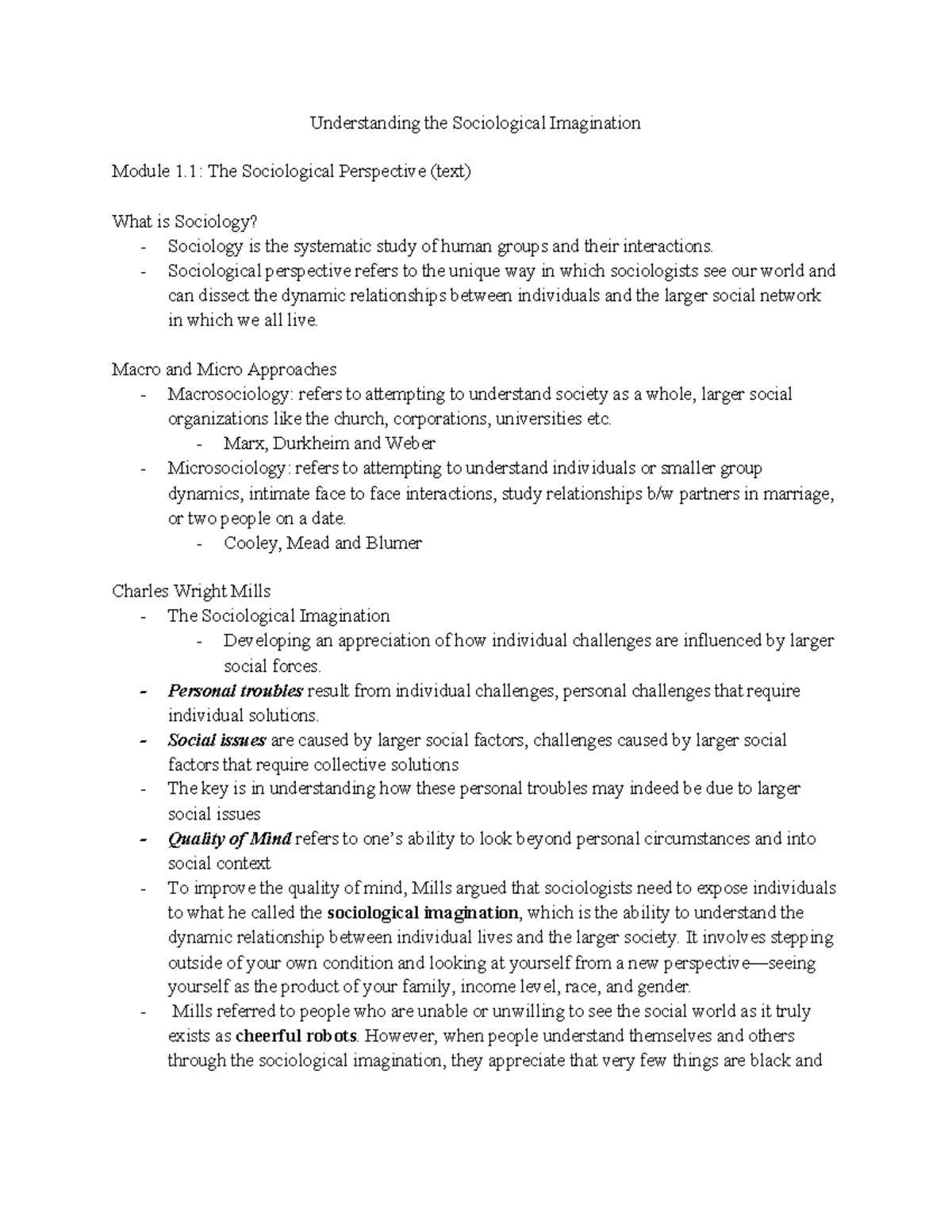 Sociol 1z03 chapter 1 - Understanding the Sociological Imagination ...