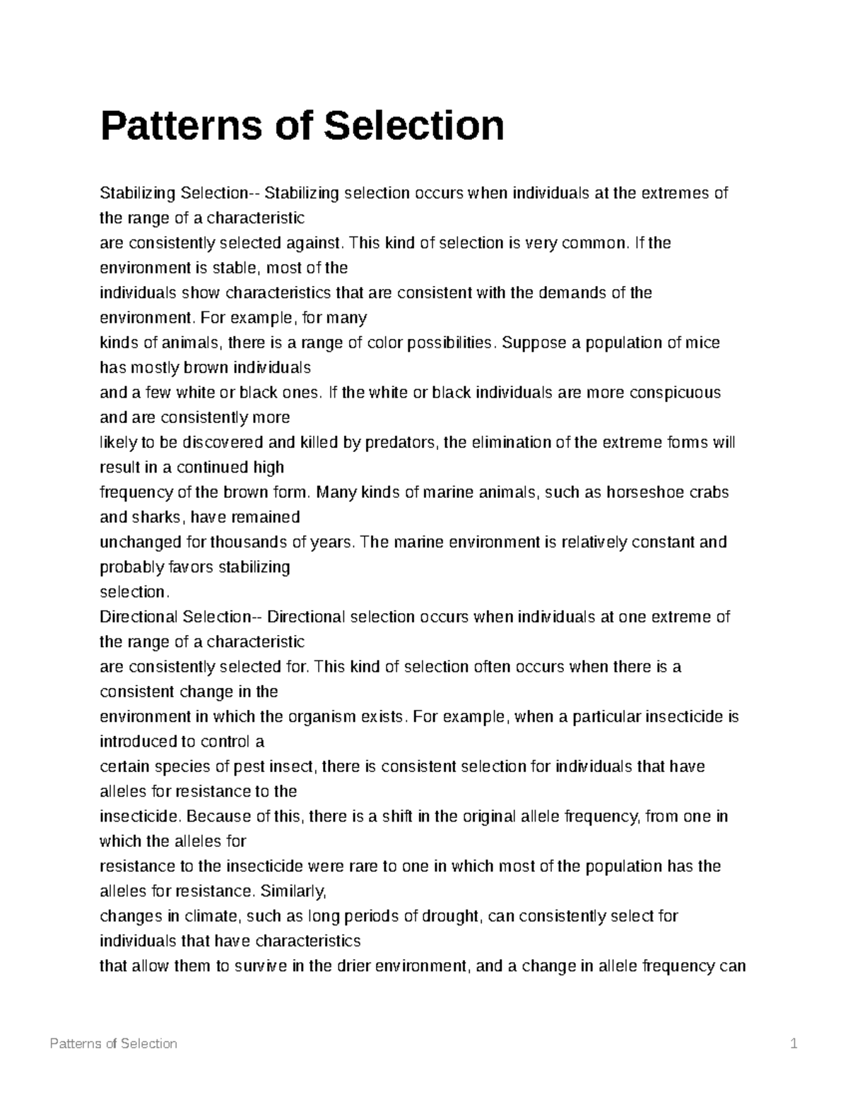 Patterns of Selection - In class notes - Patterns of Selection 1 ...