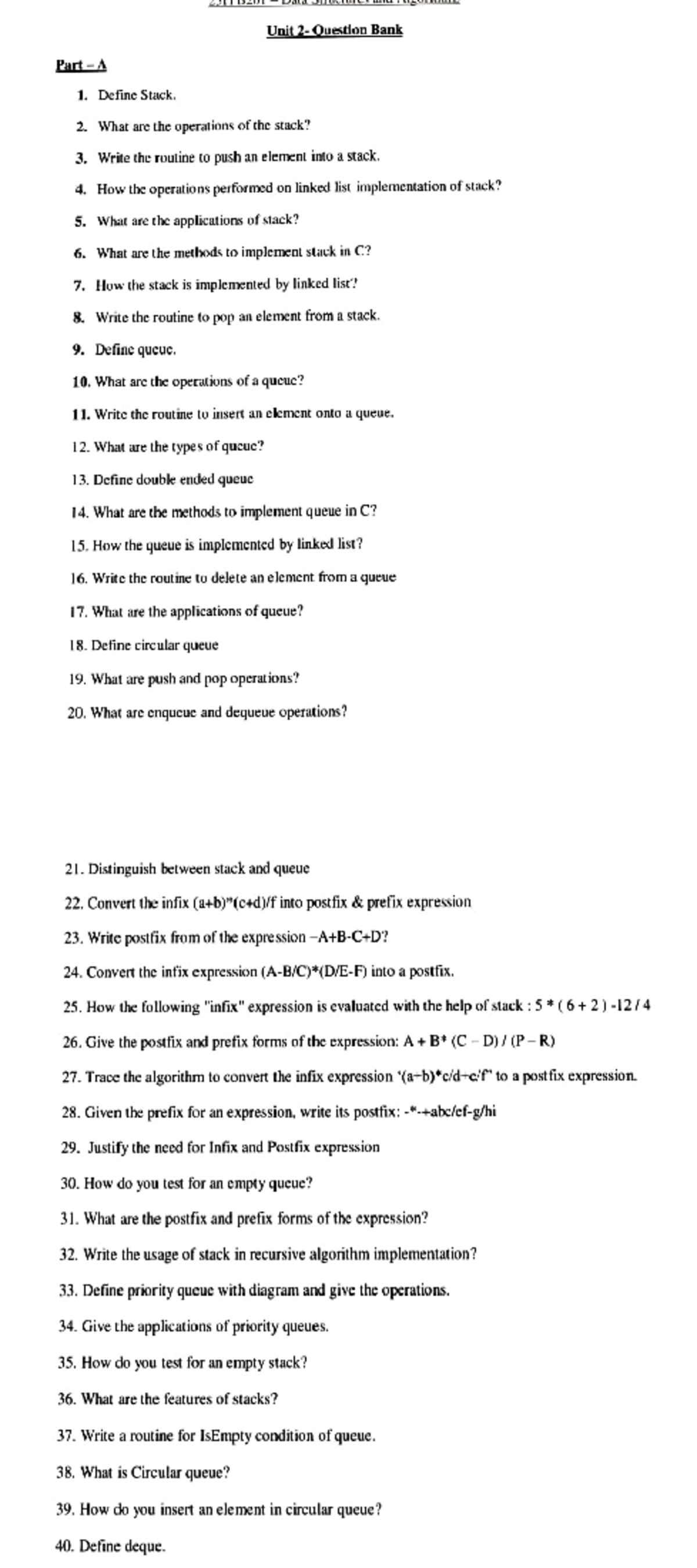 DSA Unit 2 -2 marks - Part -A 1. Define Stack. 2. What are the ...