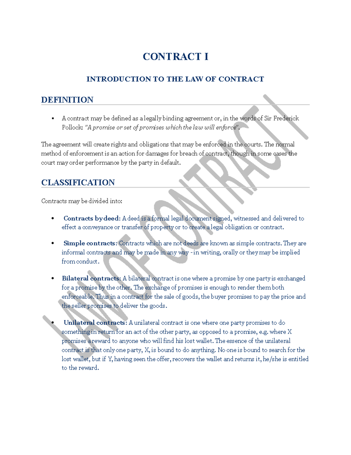 CLasses of contract - Good - CONTRACT I INTRODUCTION TO THE LAW OF ...