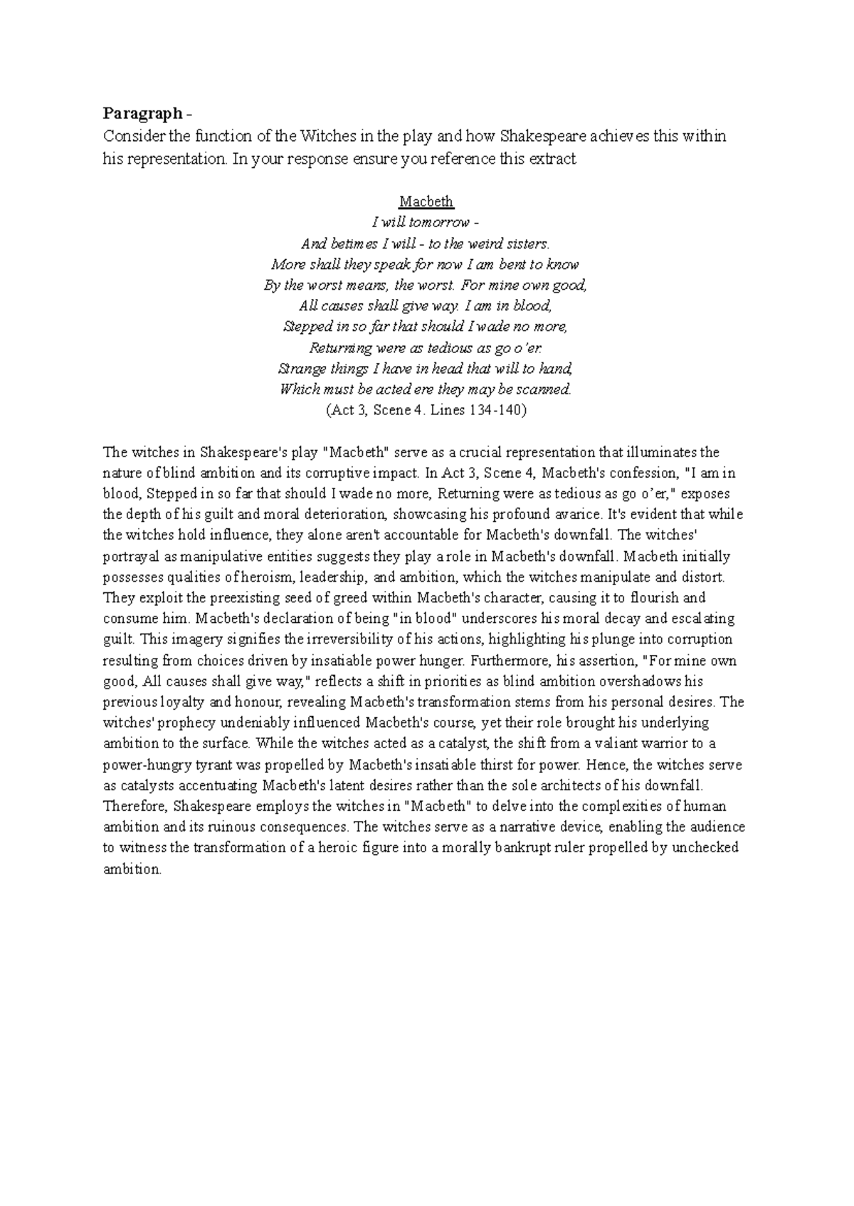 Macbeth Paragraph - Paragraph - Consider the function of the Witches in ...