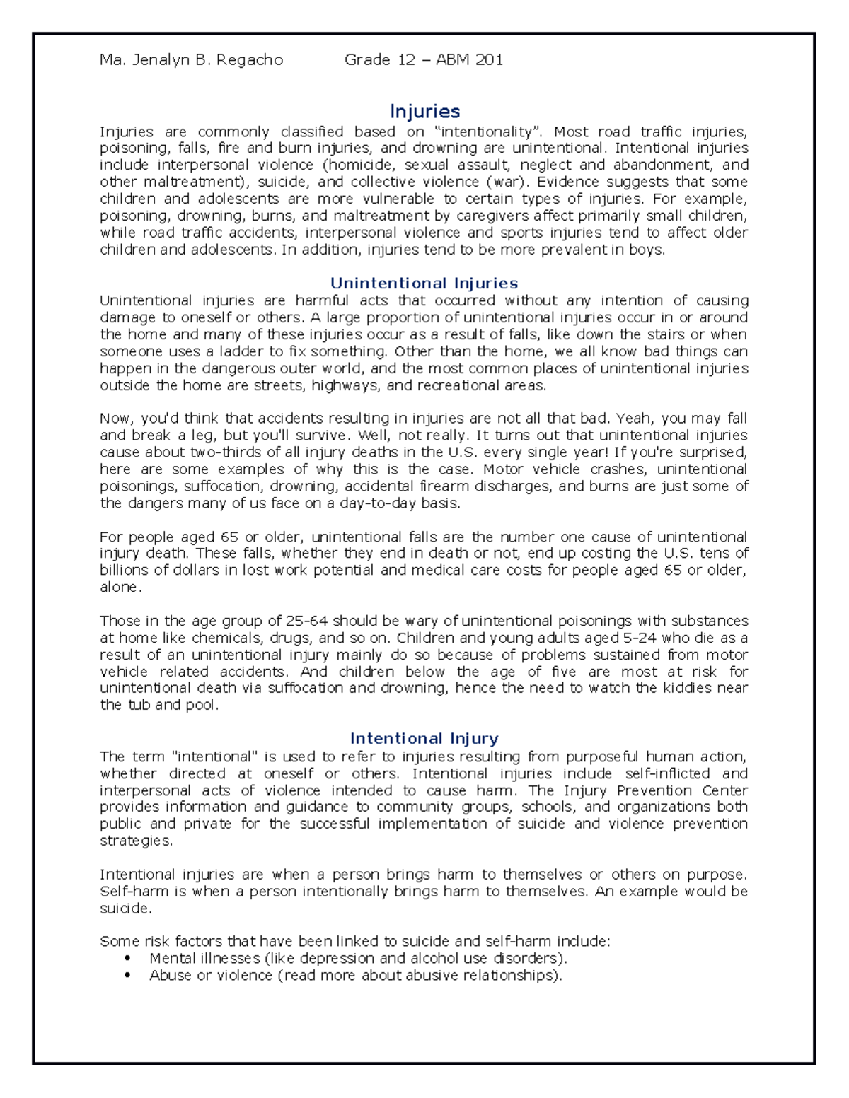 Physical Education: Injuries - Ma. Jenalyn B. Regacho Grade 12 – ABM ...