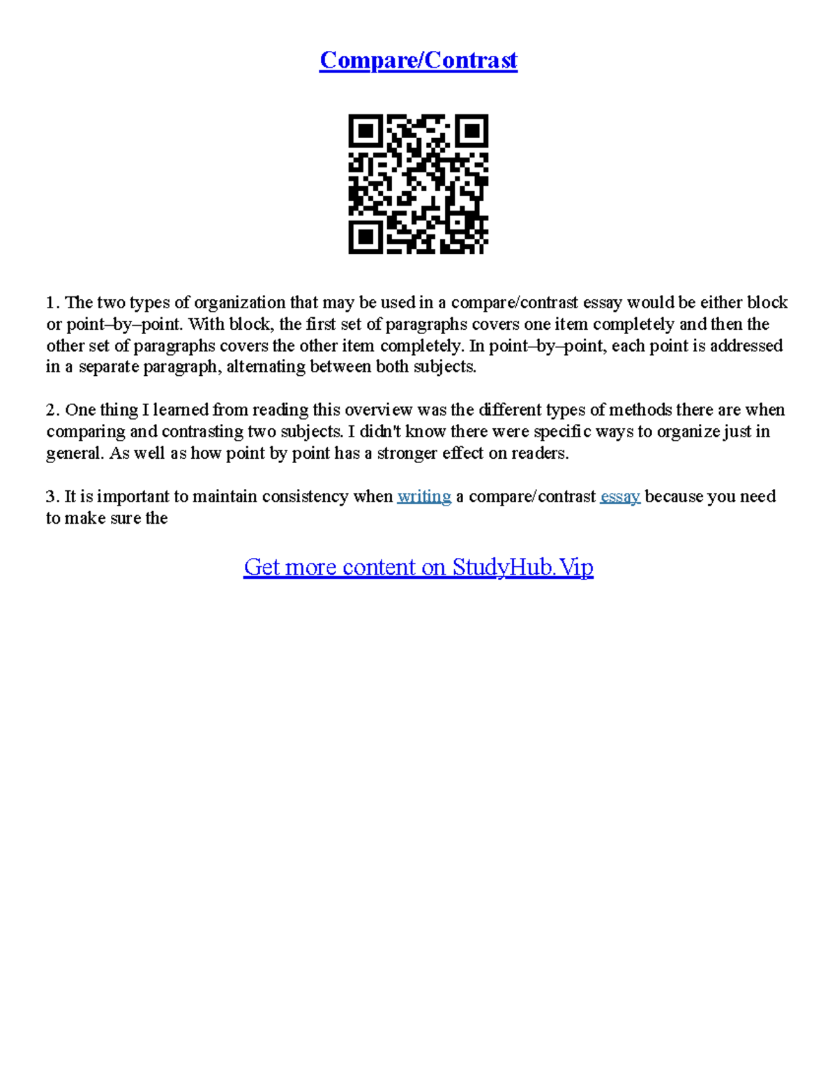 Compare And Contrast Essay Point By Point - Compare/Contrast The two ...