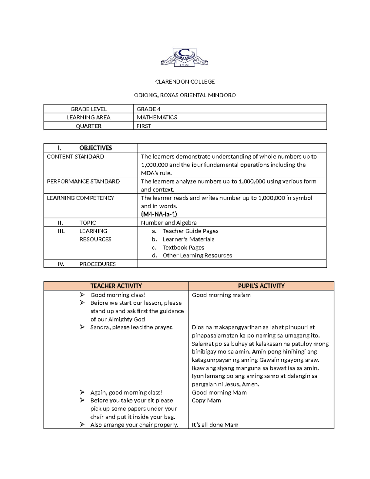 Math Lesson Plan - CLARENDON COLLEGE ODIONG, ROXAS ORIENTAL MINDORO ...