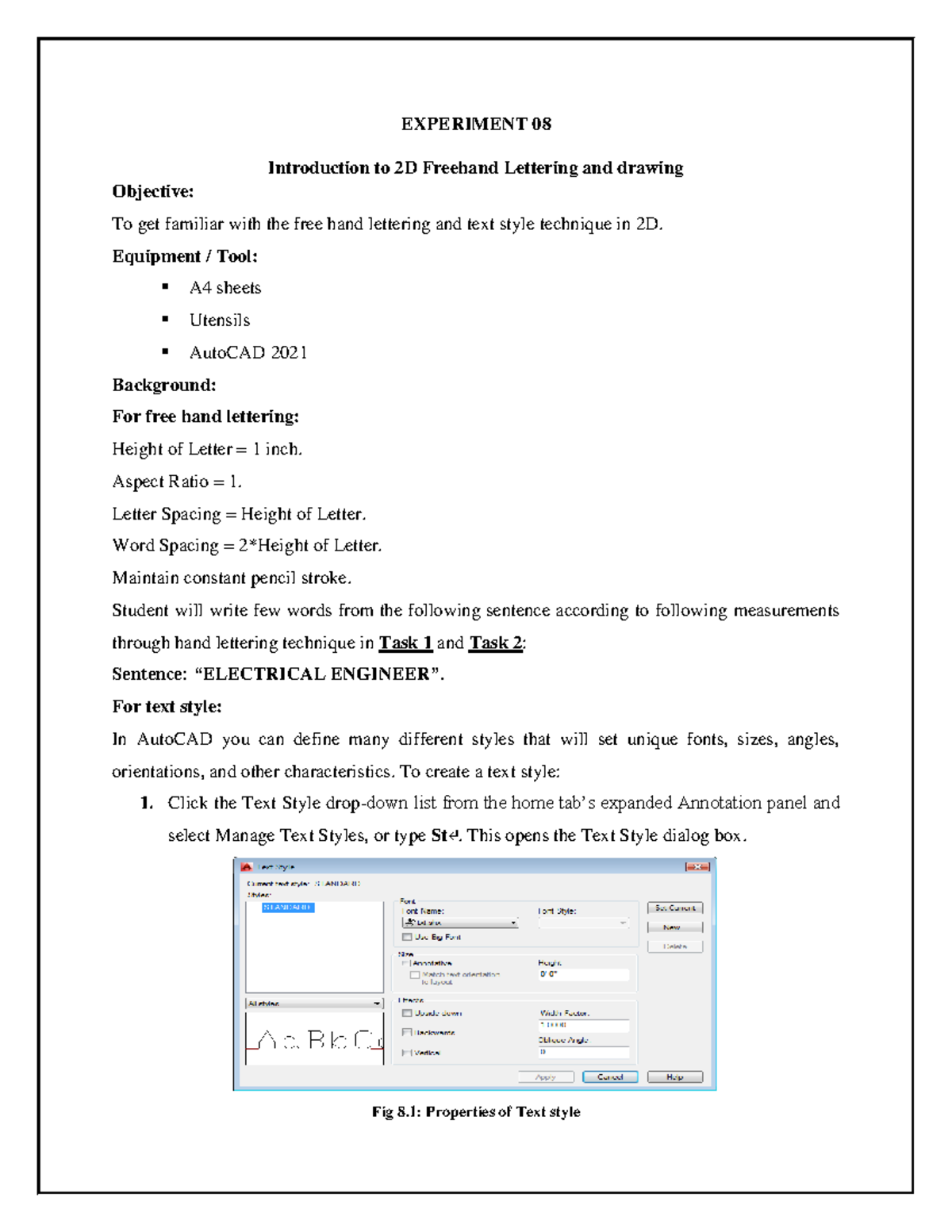 Lab 8 CAD Drawing 008 - EXPERIMENT 08 Introduction to 2D Freehand Lettering and drawing ...
