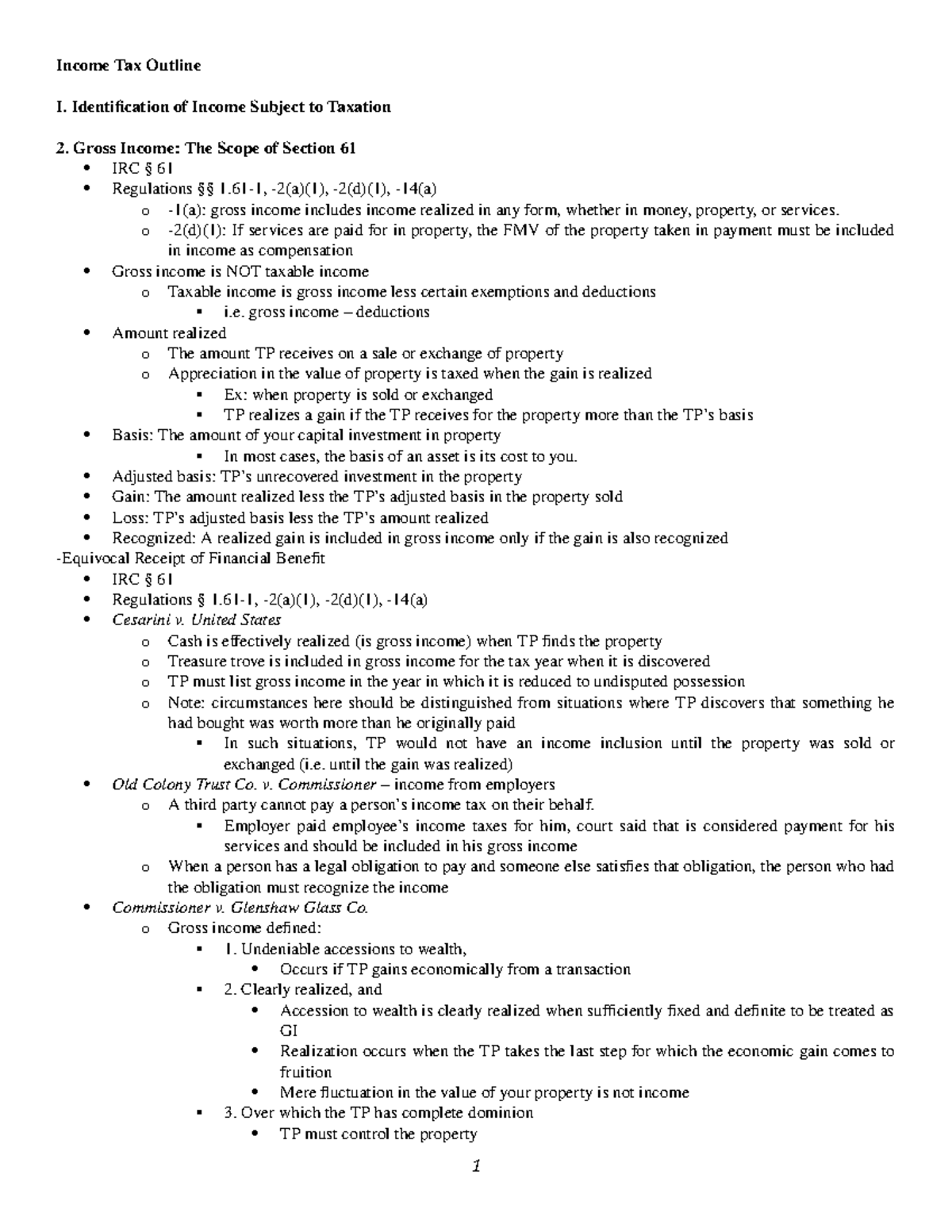 Income Tax Outline (w: problems) - Income Tax Outline I. Identification ...