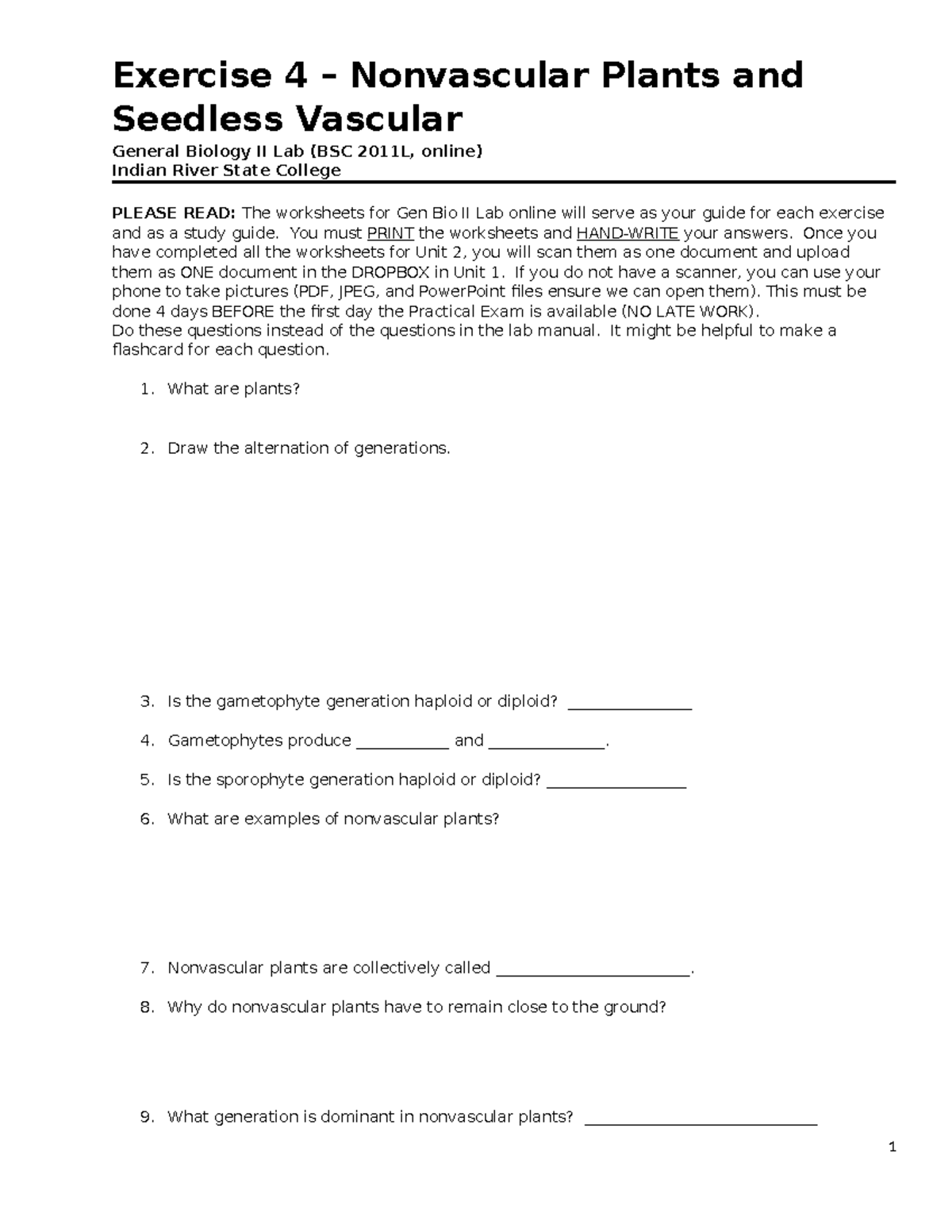 BSC 2011 L Online, Exercise 4, Plants (nonvascular and seedless ...