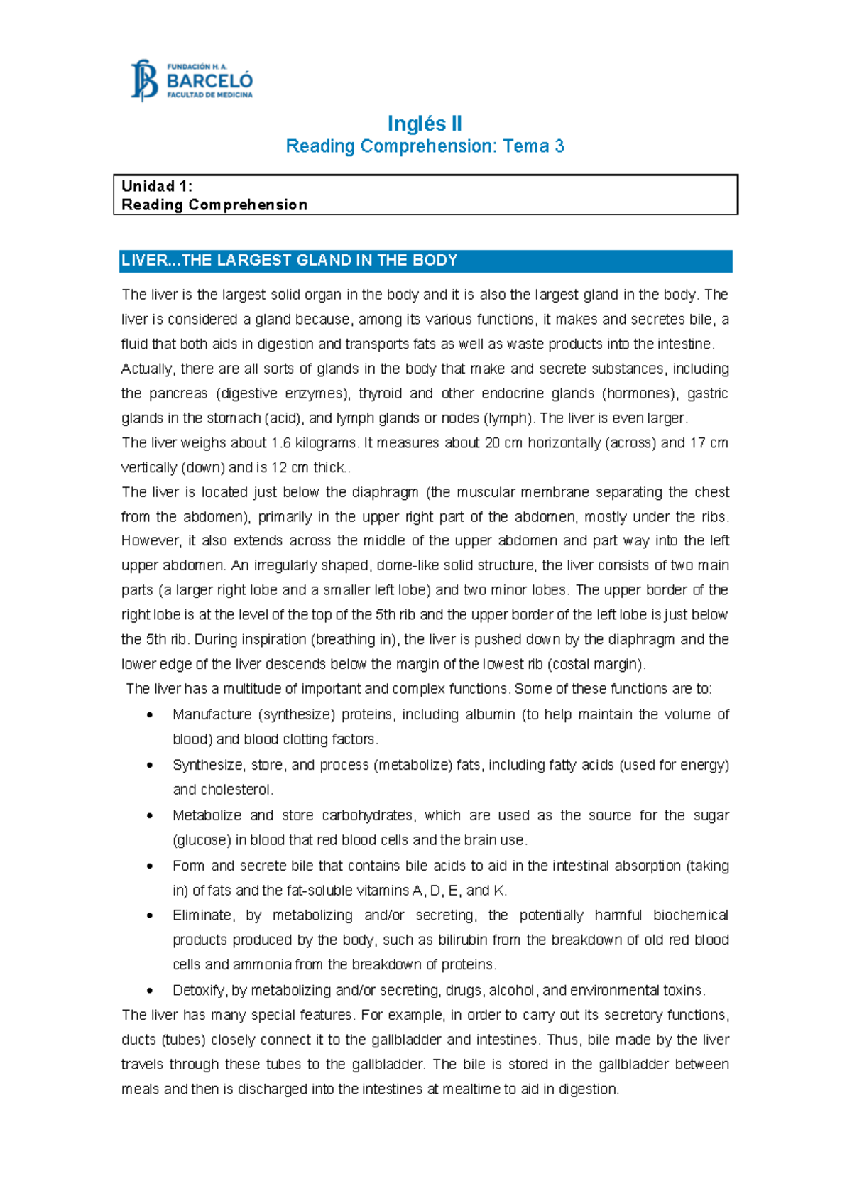 Ud1 tema3 Reading-The Liver - Inglés II Reading Comprehension: Tema 3 ...