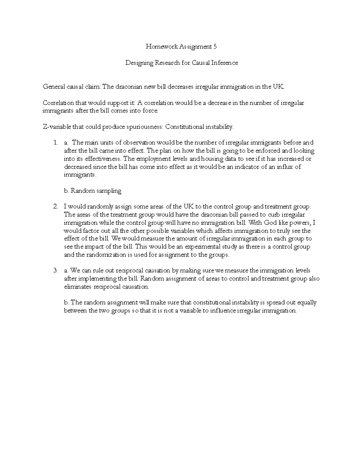Homework 5- POLI 110 - hw assignment - Homework Assignment 5 Designing Research for Causal ...