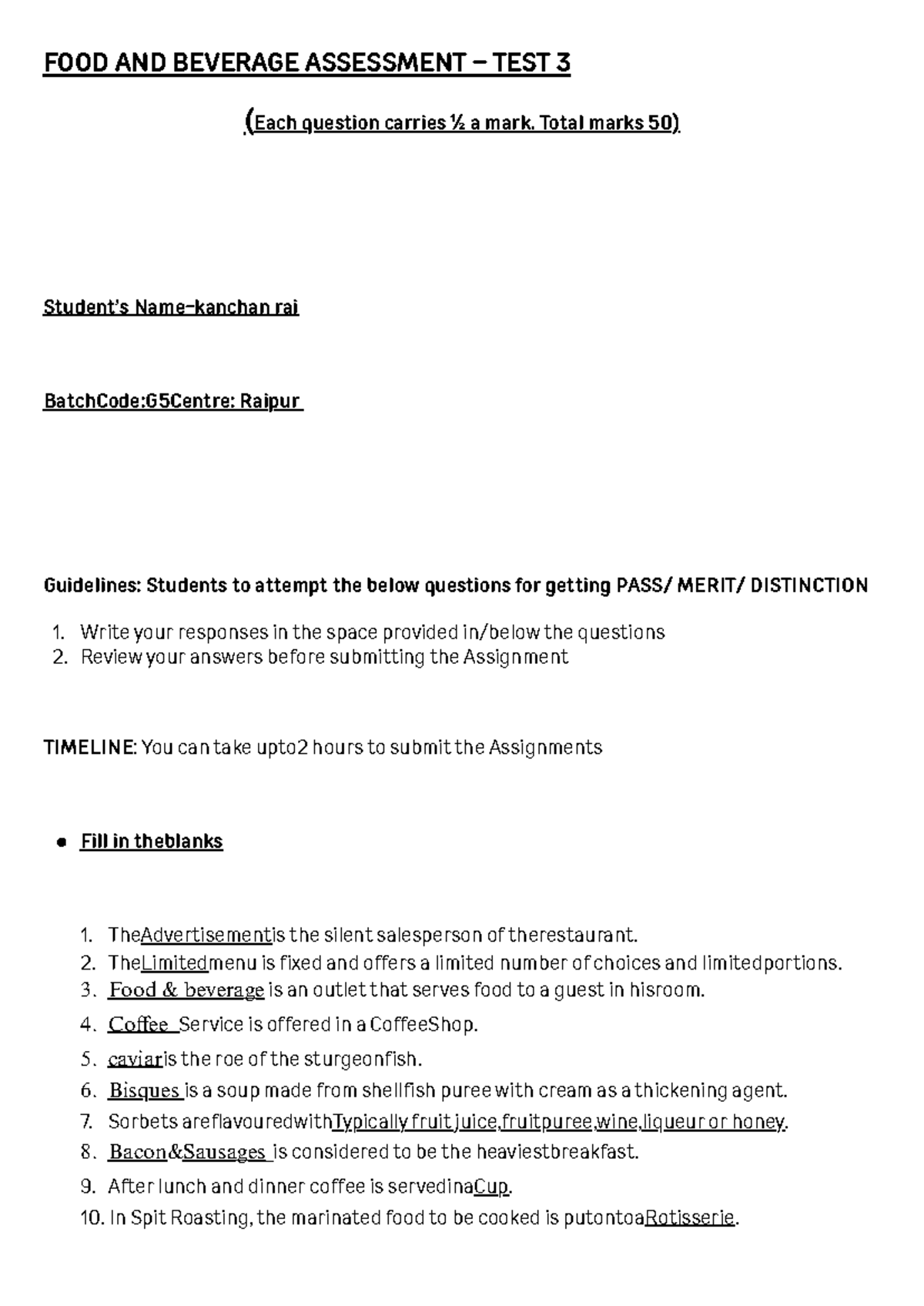 FOOD - Good - FOOD AND BEVERAGE ASSESSMENT – TEST 3 (Each question ...