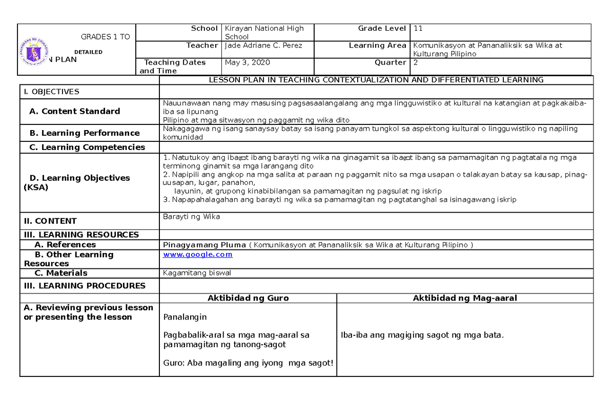 Lesson Plan document - GRADES 1 TO 12 DETAILED LESSON PLAN School ...