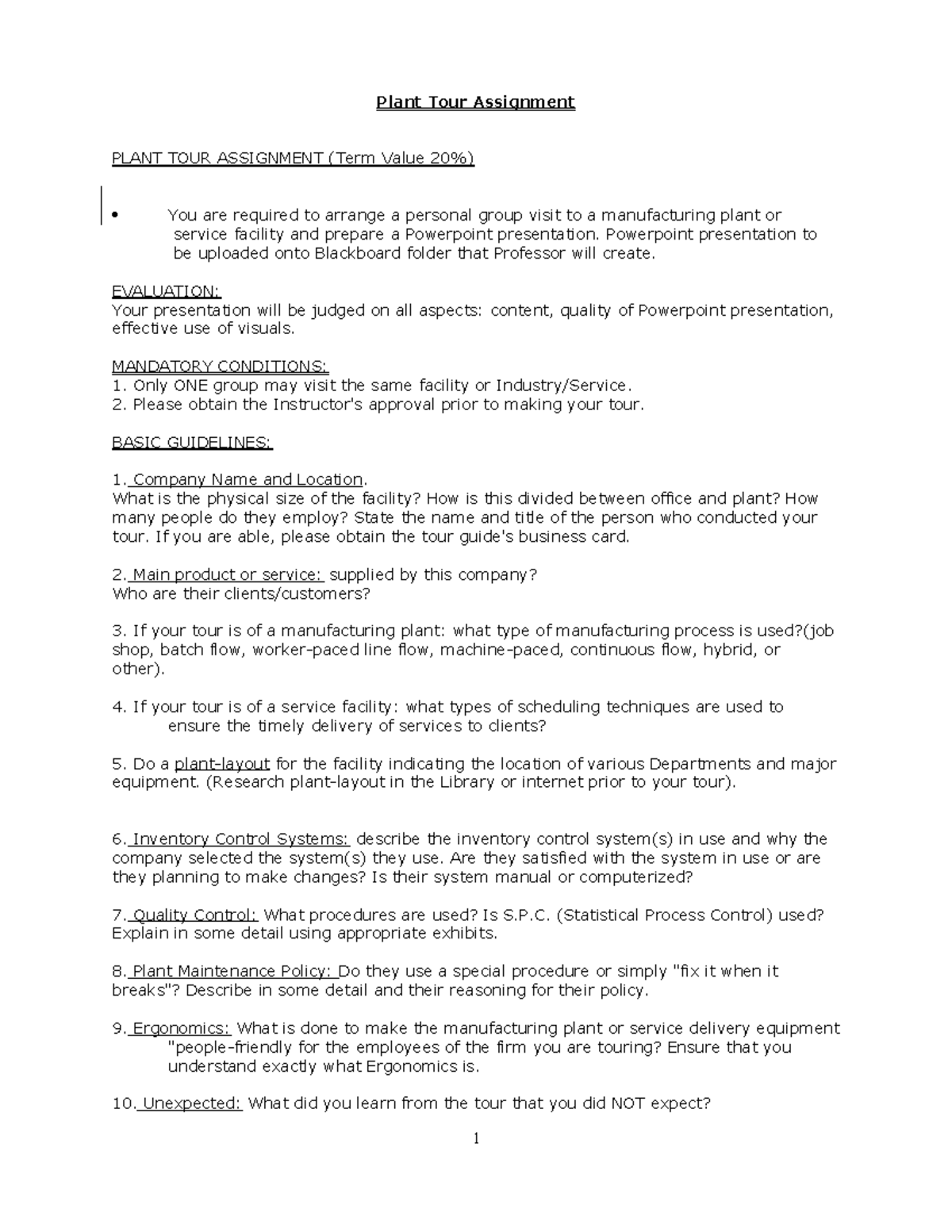 Plant Tour Assignment - Updated - Plant Tour Assignment PLANT TOUR ...