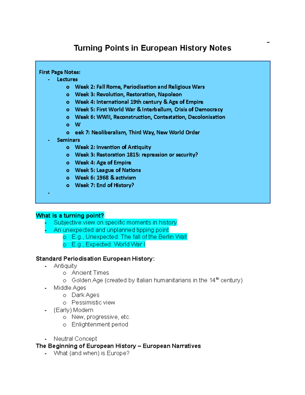 Turning Points in Europe Notes - Turning Points in European History ...