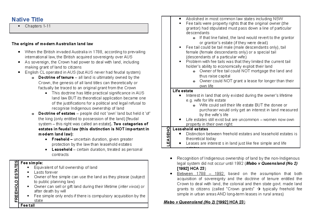 LAWS2383 Exam Notes - Native Title Chapters 1- The origins of modern ...