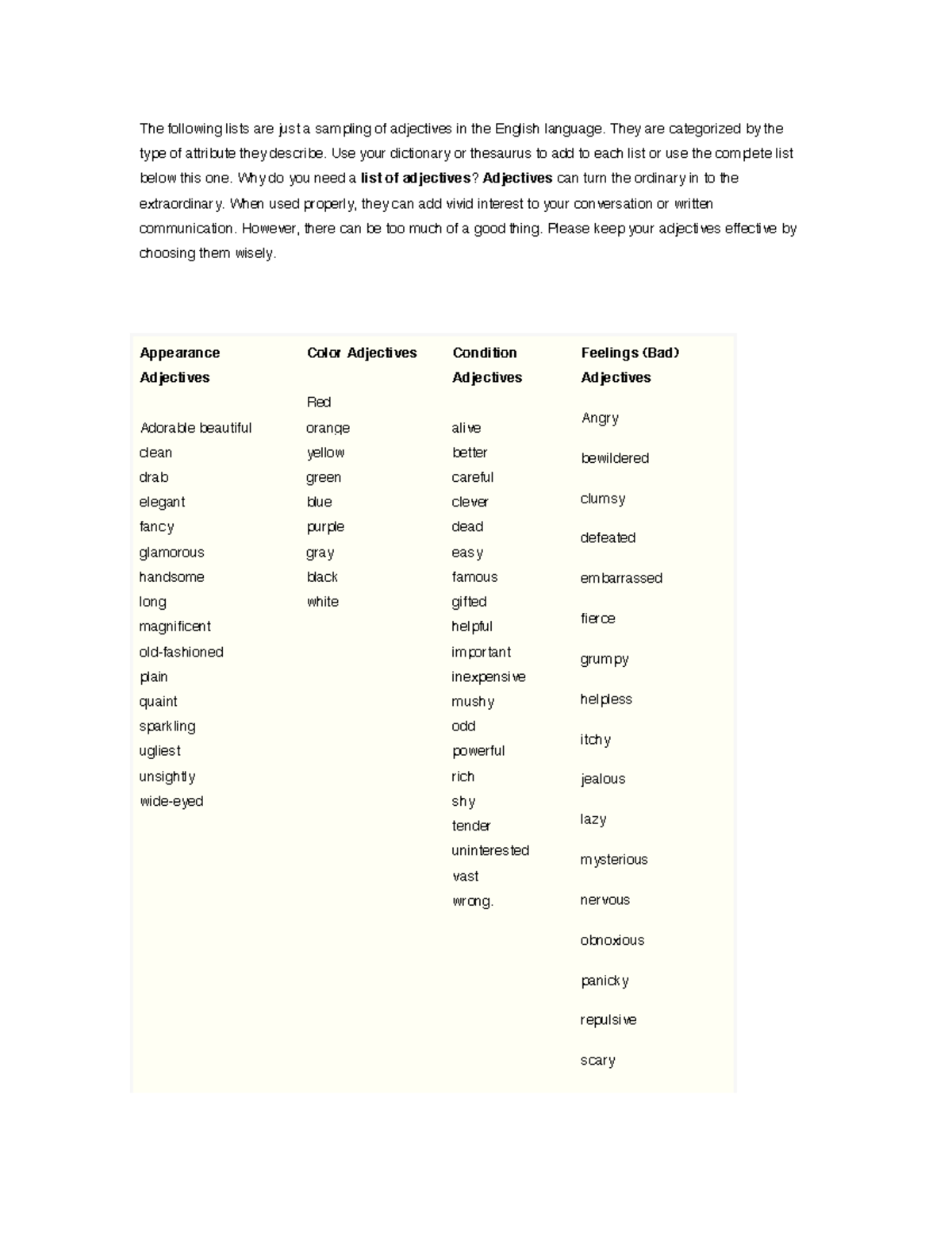Adjectives list - Lista de adjetivos en ingles - The following lists ...