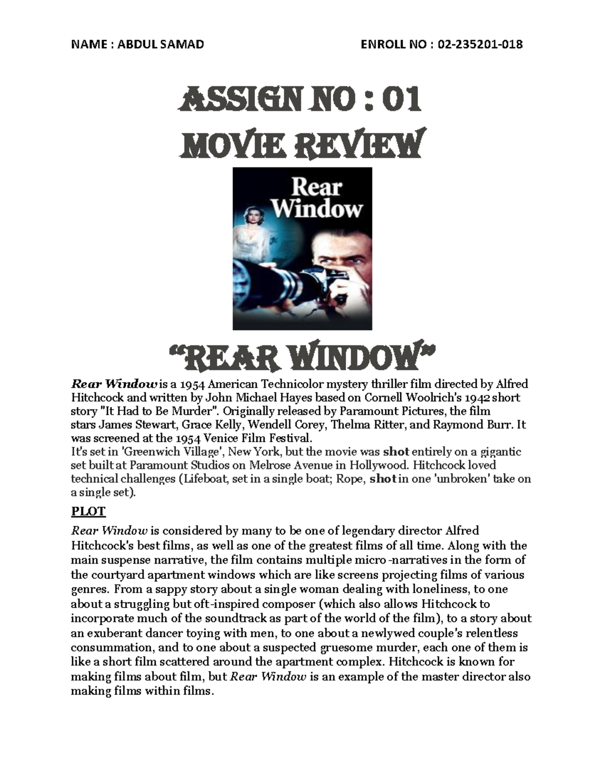 Assign 01 Samad - NAME : ABDUL SAMAD ENROLL NO : 02-235201- Assign no : 01 Movie Review