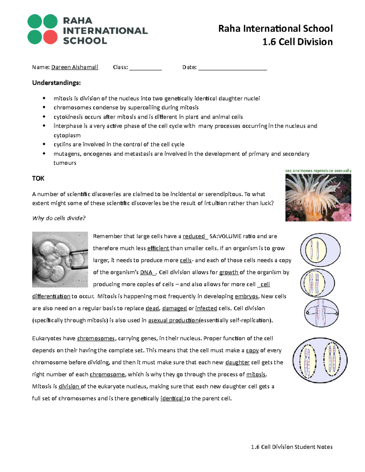 1.6 Cell Division Student Notes - 1 Cell Division Name: Dareen ...