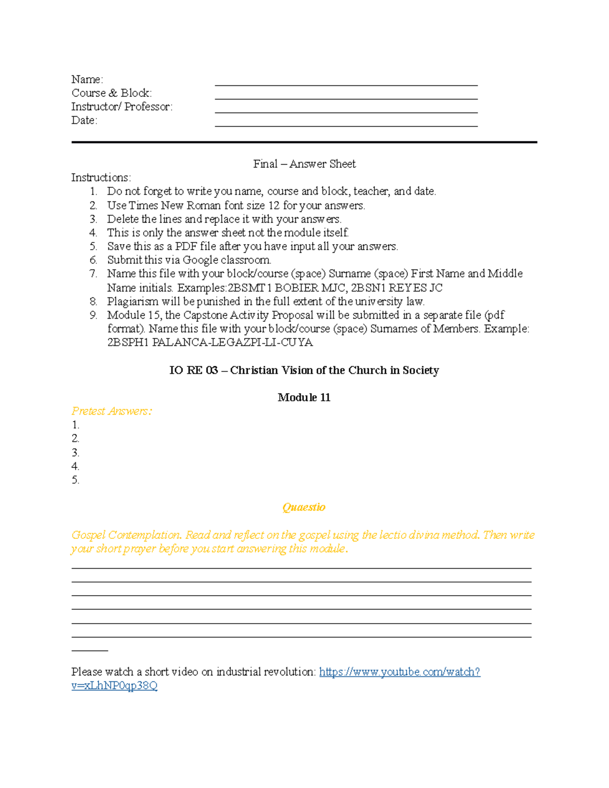 Final Answer Sheet - IO RE 03 - Name ...