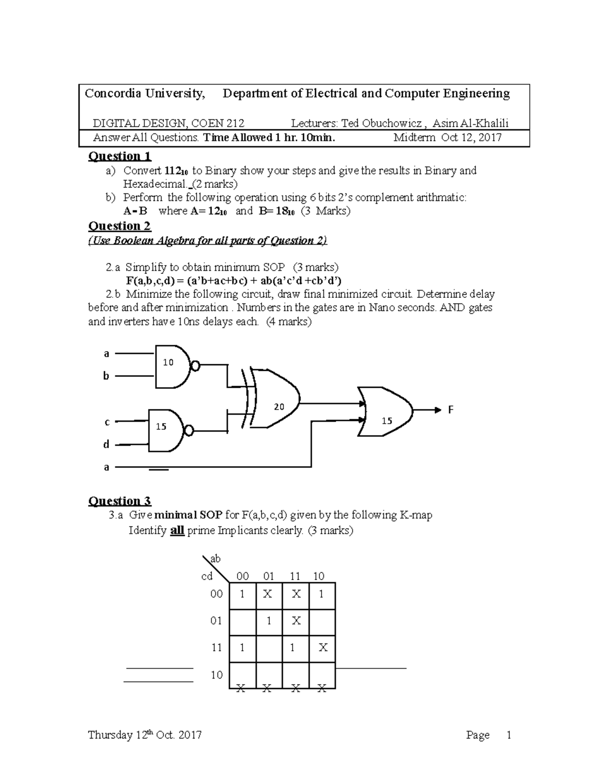 Midterm 12 October 2017, questions - Concordia University, Department ...