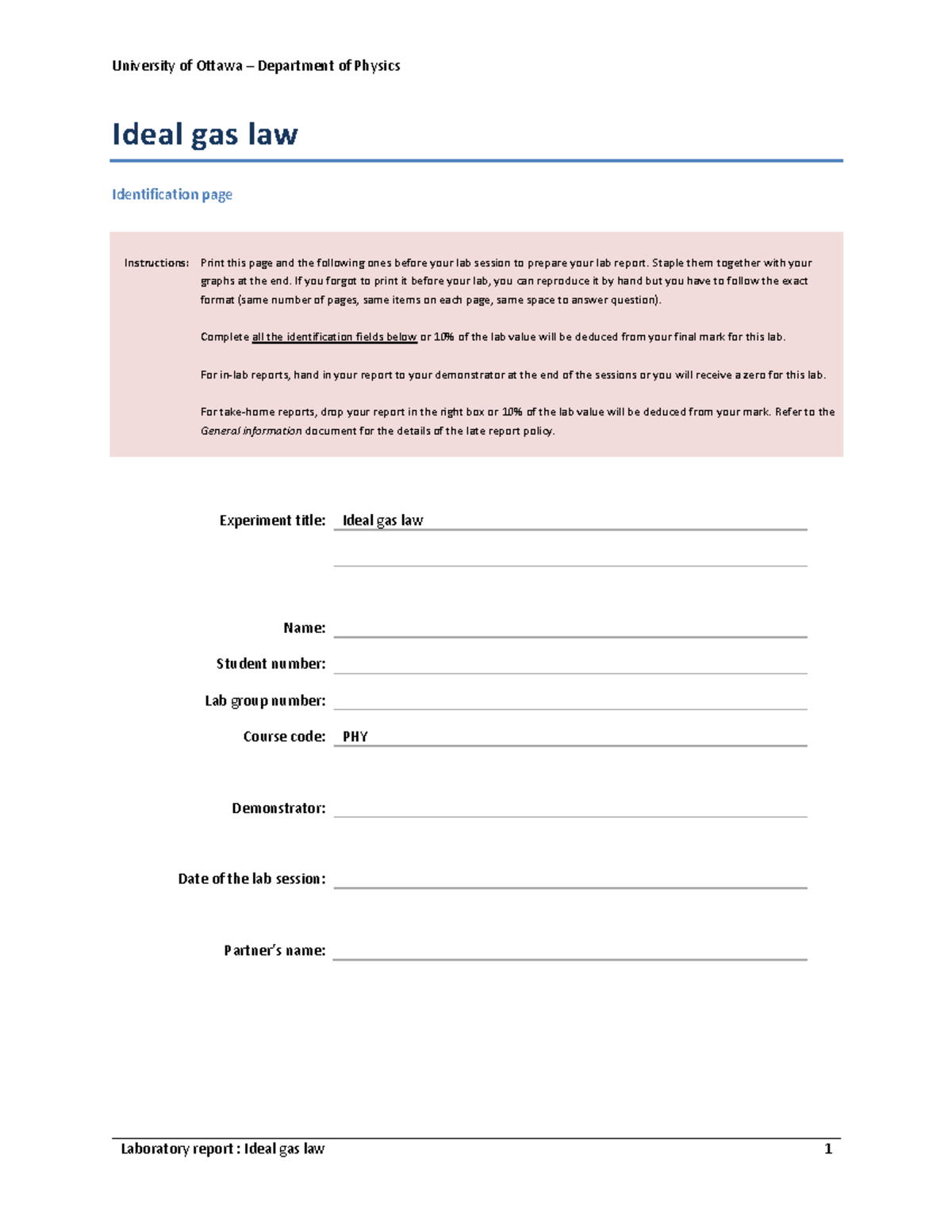 Ideal gas law - report - lab 2 - Ideal gas law Identification page ...