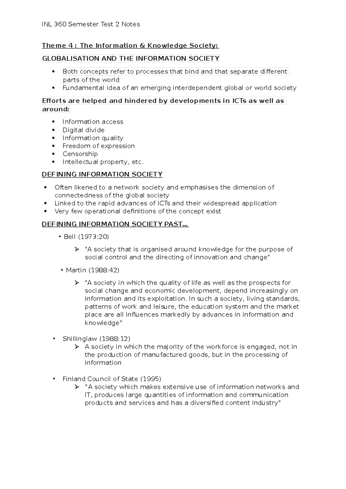 INL 360 Theme 4 Notes - Summary Socio-political aspects of information ...