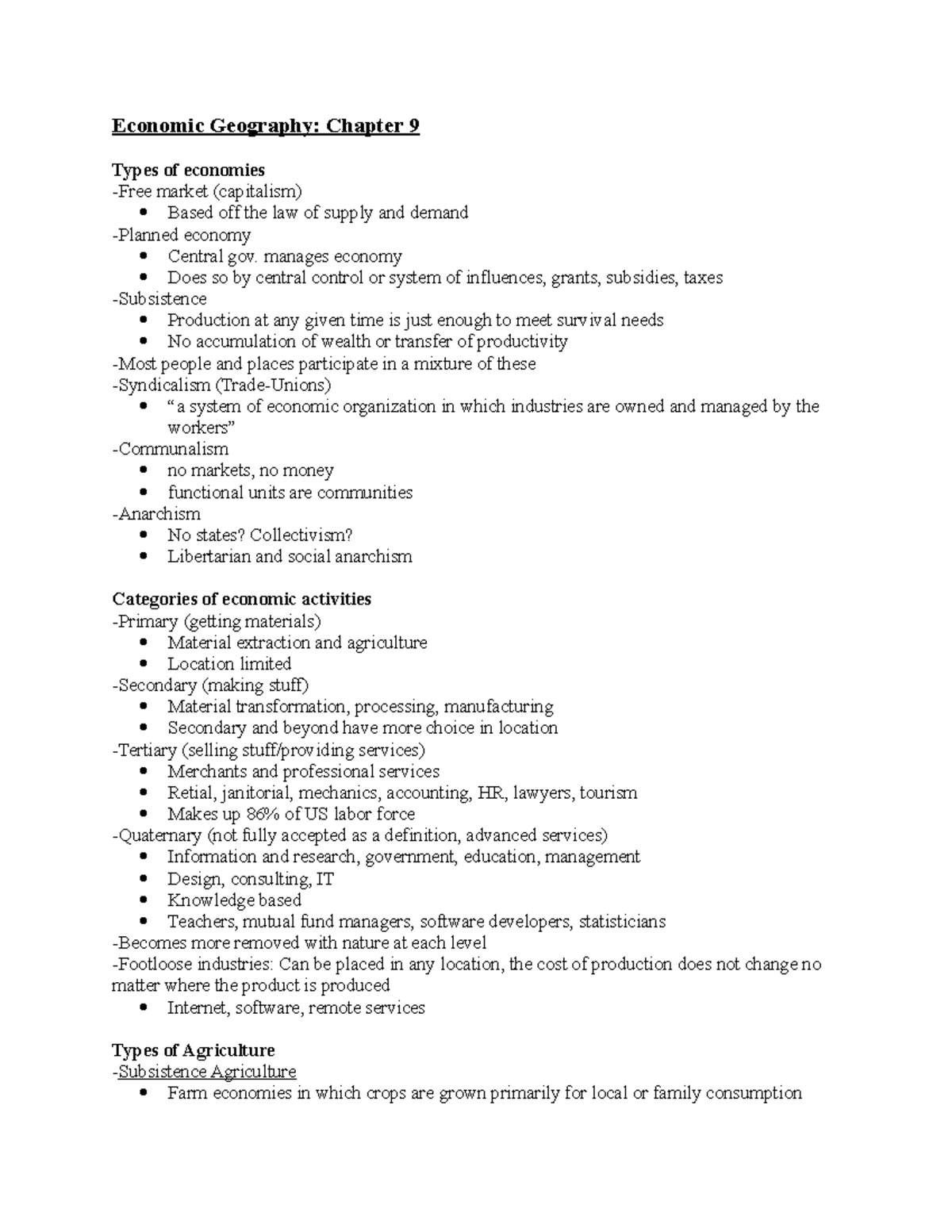 Geography 5 final study guide - Economic Geography: Chapter 9 Types of ...