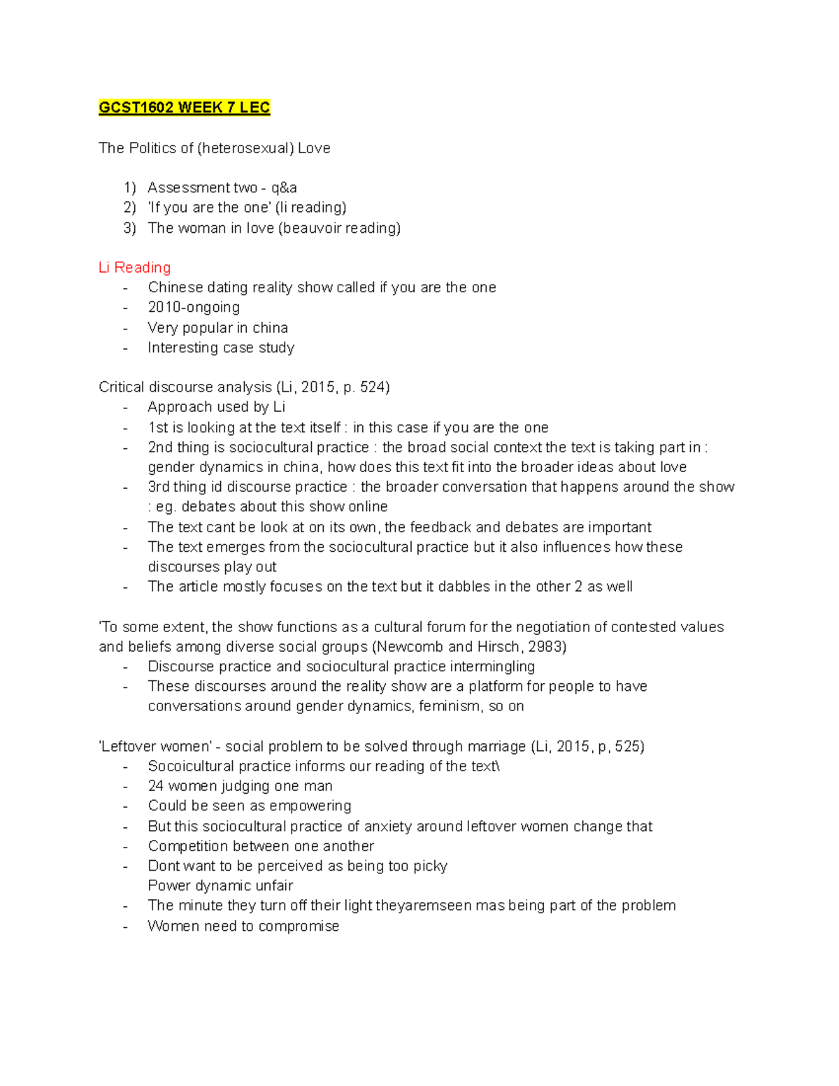 Gcst1602 Week 7 Lec Lecture Notes From Week 7 Gcst1602 Week 7 Lec