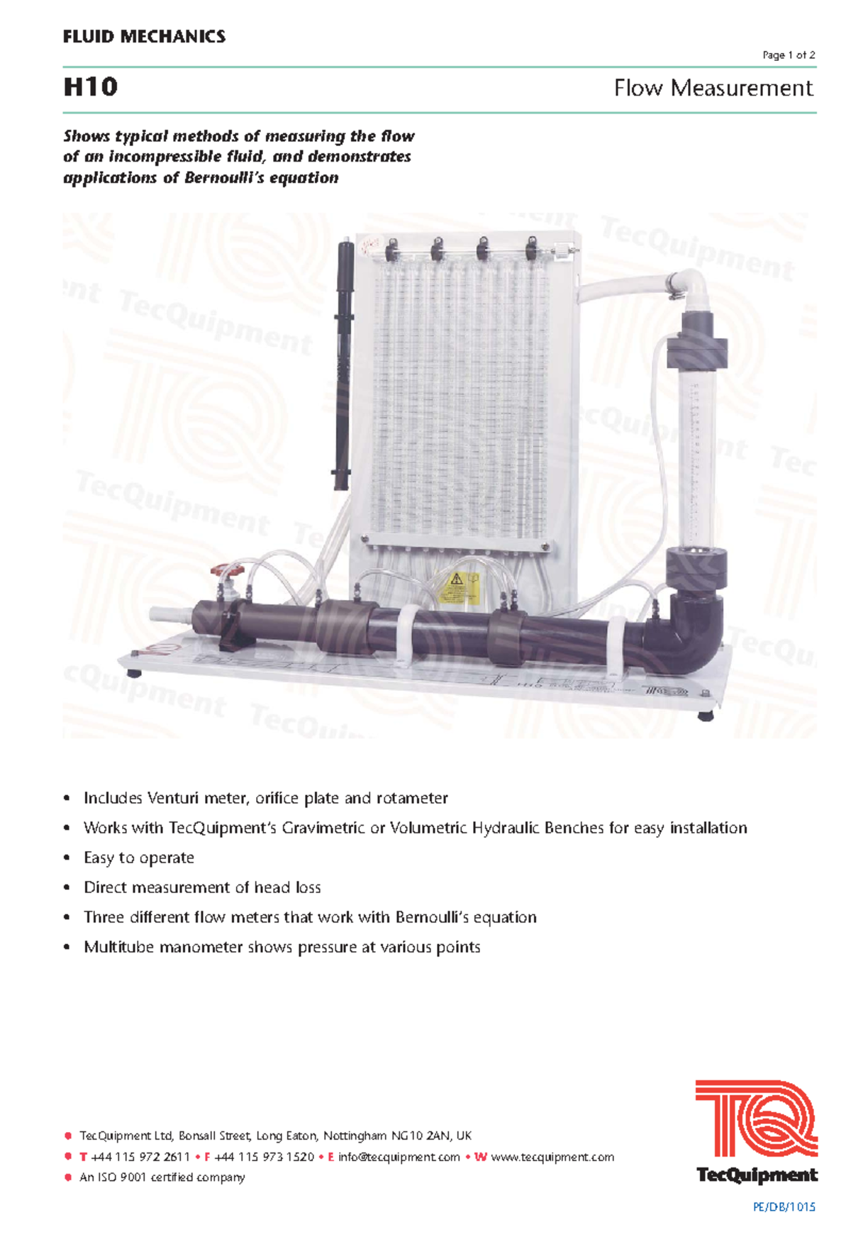 H10 1015 datasheet for control engineering - • TecQuipment Ltd, Bonsall ...