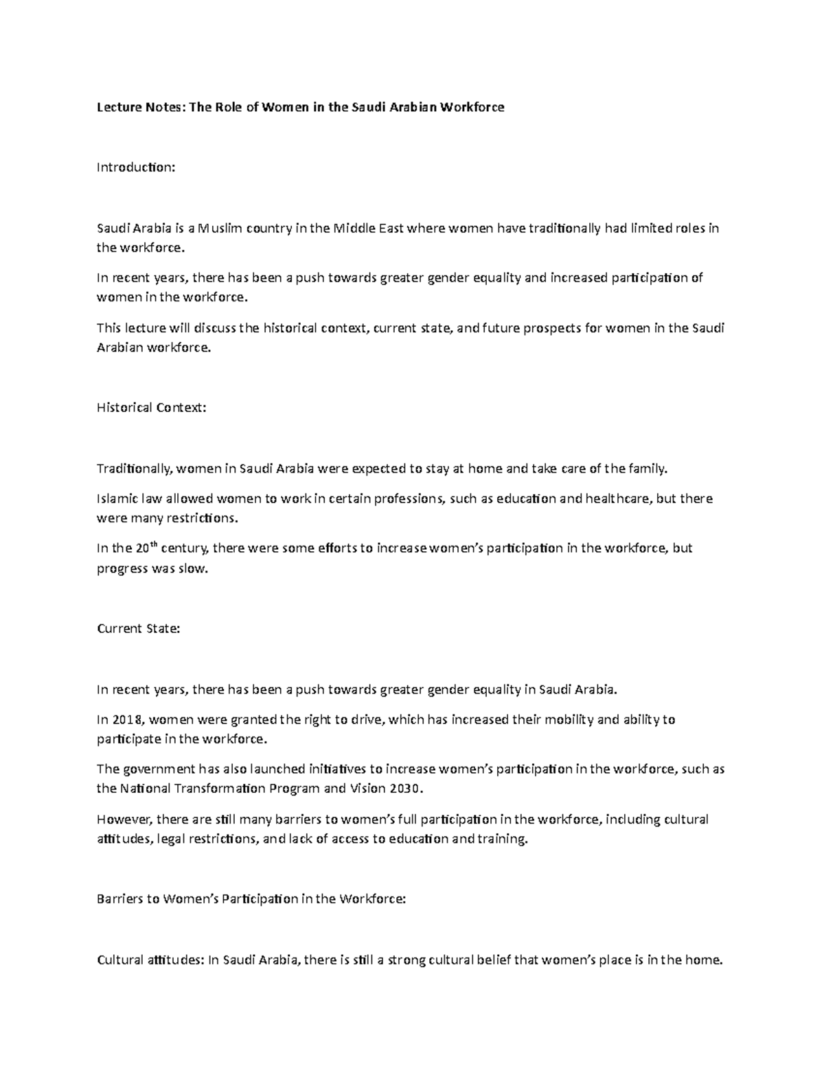 Lecture Notes: The Role of Women in the Saudi Arabian Workforce ...