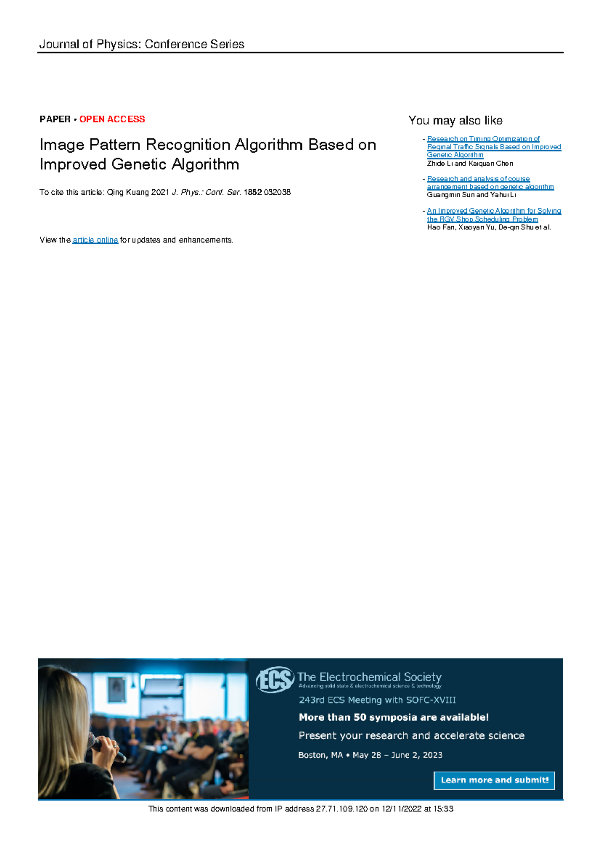 Image Pattern Recognition Algorithm Based On Improved Journal Of
