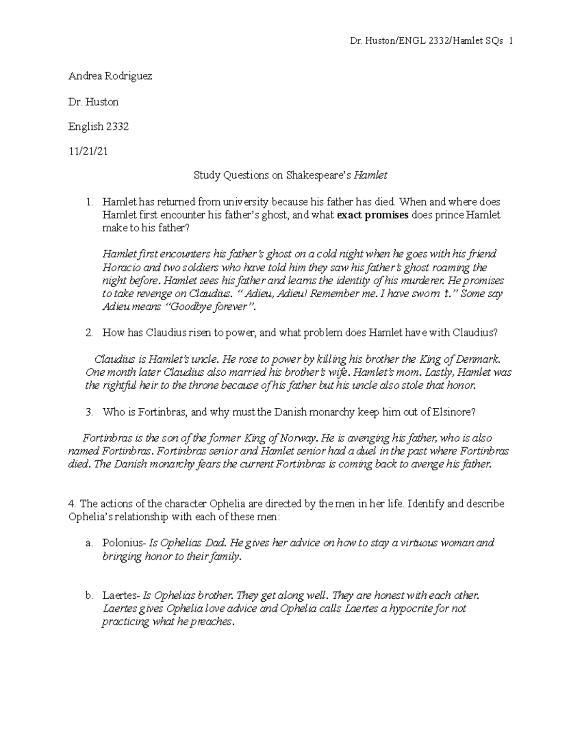 Hamlet Essay for World Literature. - Dr. Huston/ENGL 2332/Hamlet SQs 1 ...