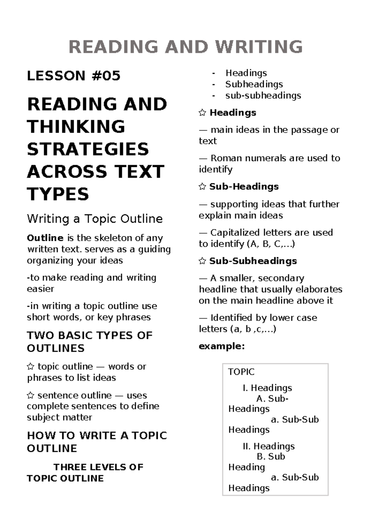 Reading and writing lesson 5 - READING AND WRITING LESSON READING AND ...