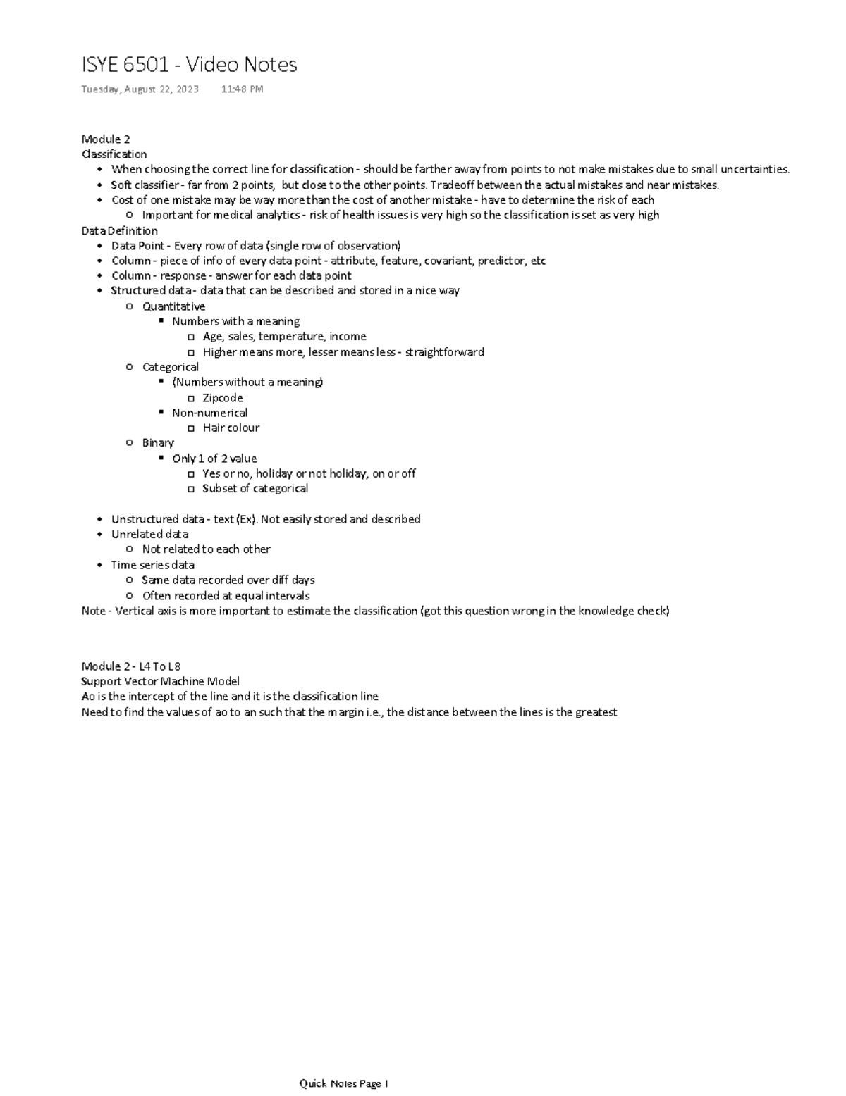 ISYE 6501 - Video Module Notes - Module 2 Classification • When ...