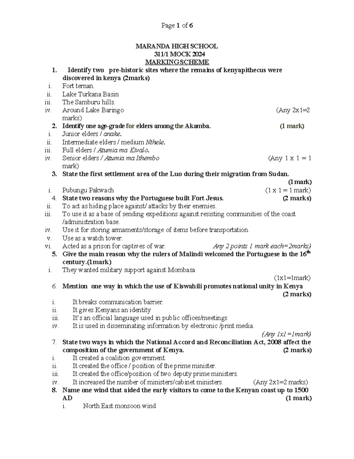 History MOCK PP1 2024 MS - MARANDA HIGH SCHOOL 311/1 MOCK 2024 MARKING SCHEME Identify two - Studocu