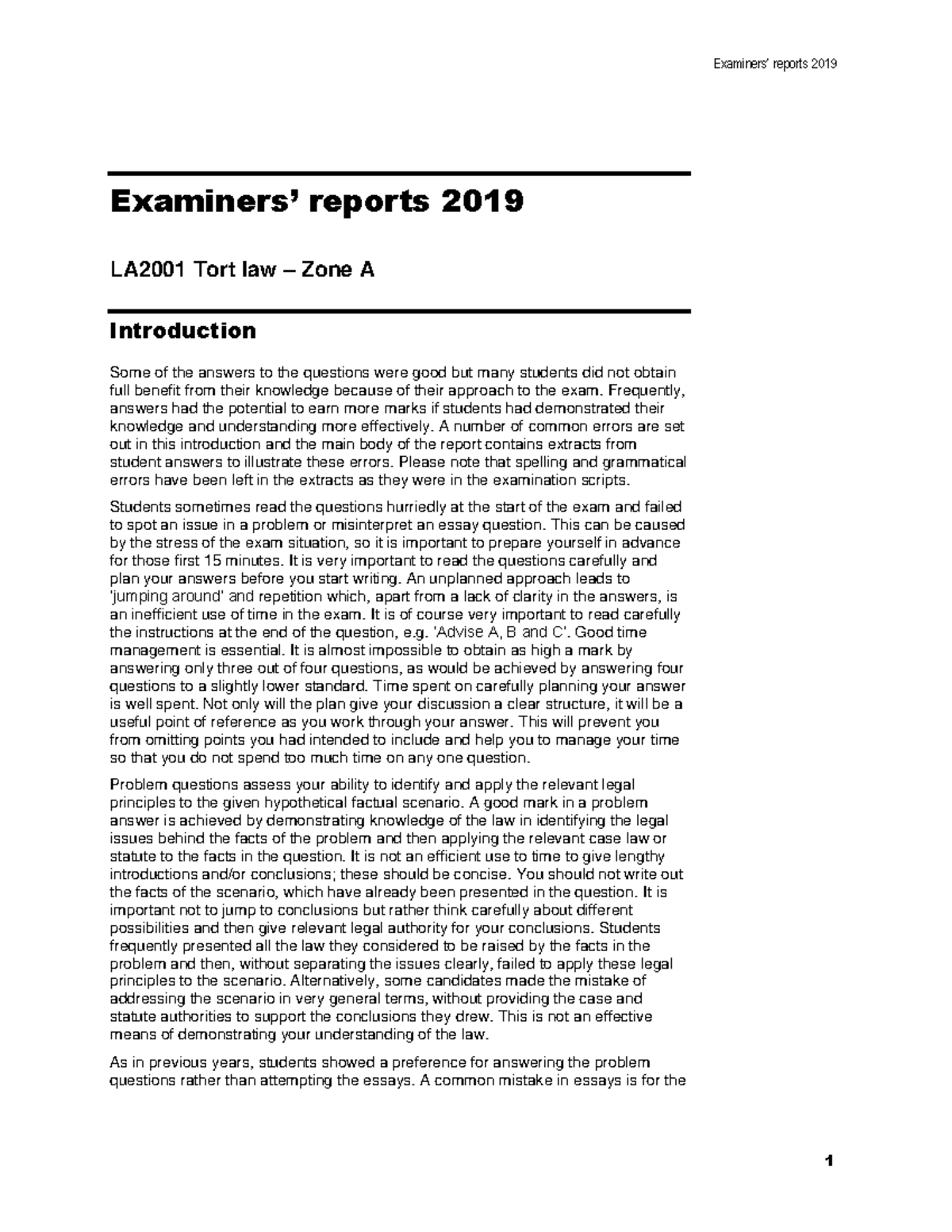 Tort report 2019 A - pps - Examiners’ reports 201 9 Examiners’ reports 2019 LA 2001 Tort law ...