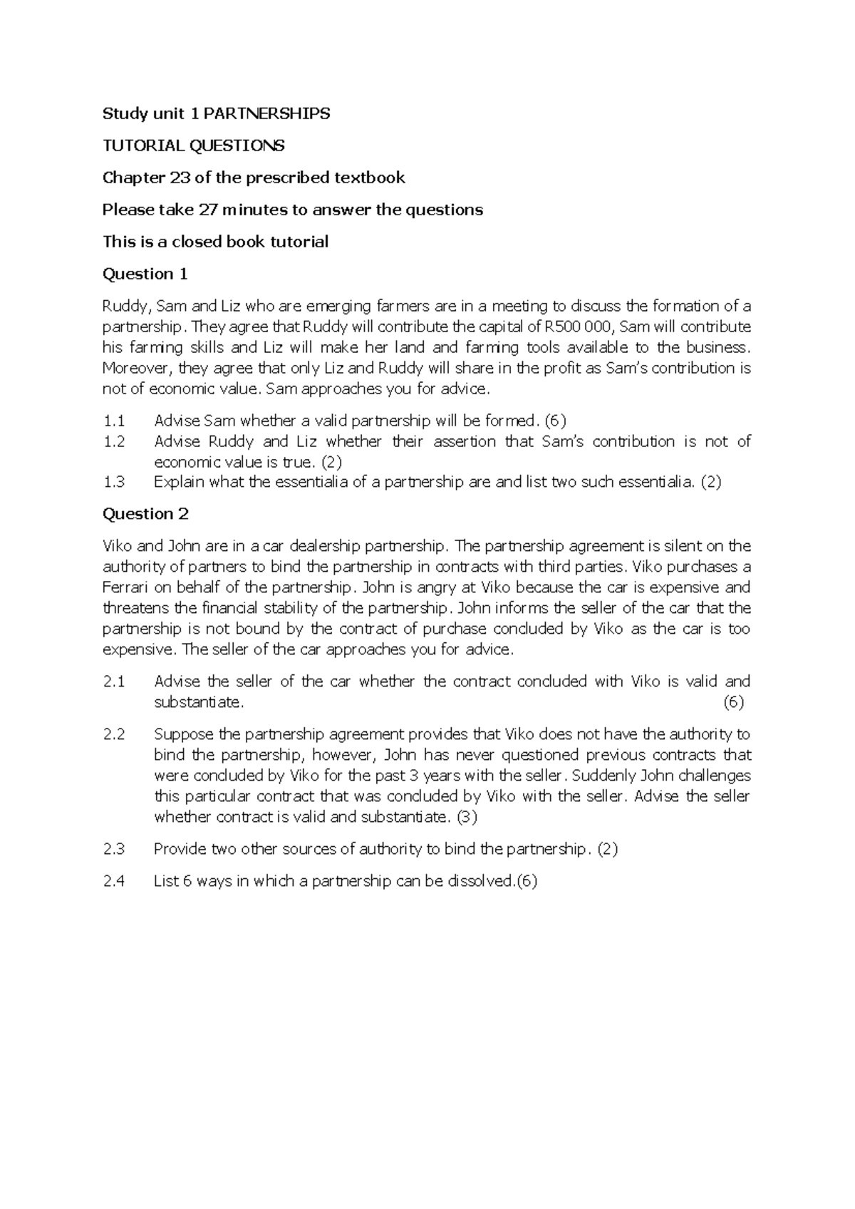 Study unit 1 Partnerships tutorial questions - Study unit 1 ...